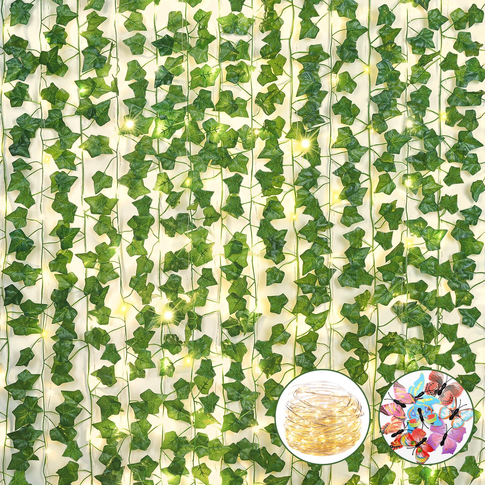 Waipfaru 6Pcs 41FT Fake Vines for Bedroom with 33FT Lights and 3D Butterfly, Fake Ivy Vines for Room Decor, Artificial Ivy Garland with Greenery Leaves for Wedding Room Party Home Garden Wall Decor