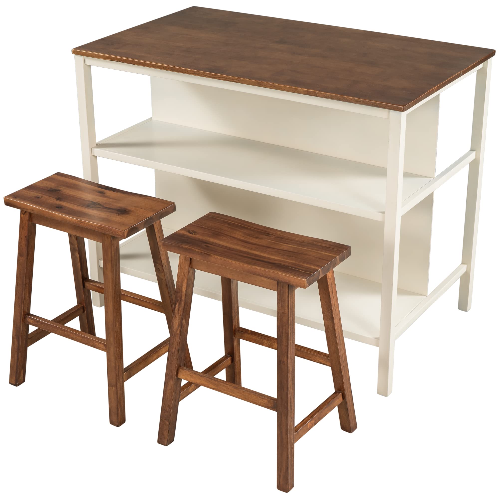 Polibi 3-Piece Kitchen Island Set with 2 Stools and 2 Shelves, Rustic Rubber Wood Dining Set Prep Table Set with Open Shelves for Small Places, Walnut+Cream White
