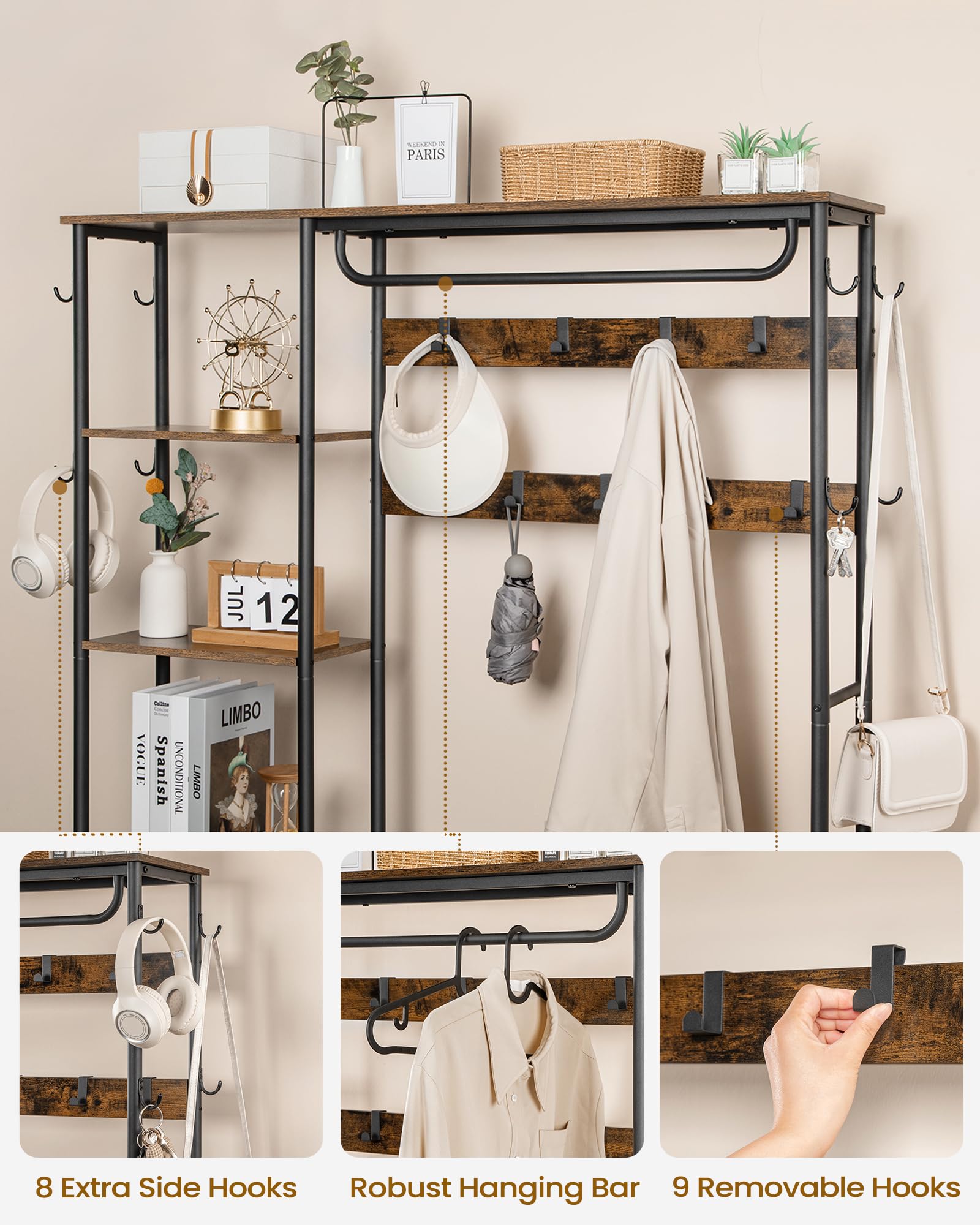Hzuaneri Hall Tree, Coat Rack with 3-Tier Storage Bench and 1 Drawer, 5-in-1 Entryway Bench with 17 Hooks, 1 Hanging Rod, 4-Tier Side Shelves, Rustic Brown HT03501B