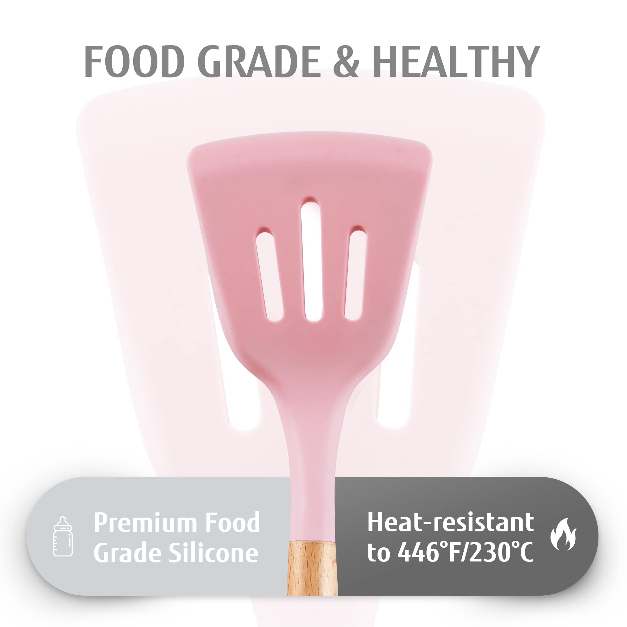 hecef Kitchen Utensils Set, 32 PCS Silicone Cooking Utensils Set with Stainless Steel Holder, 446°F Heat Resistant Food Grade Kitchen Gadgets Tools Set Wooden Handle for Nonstick Cookware (Pink)