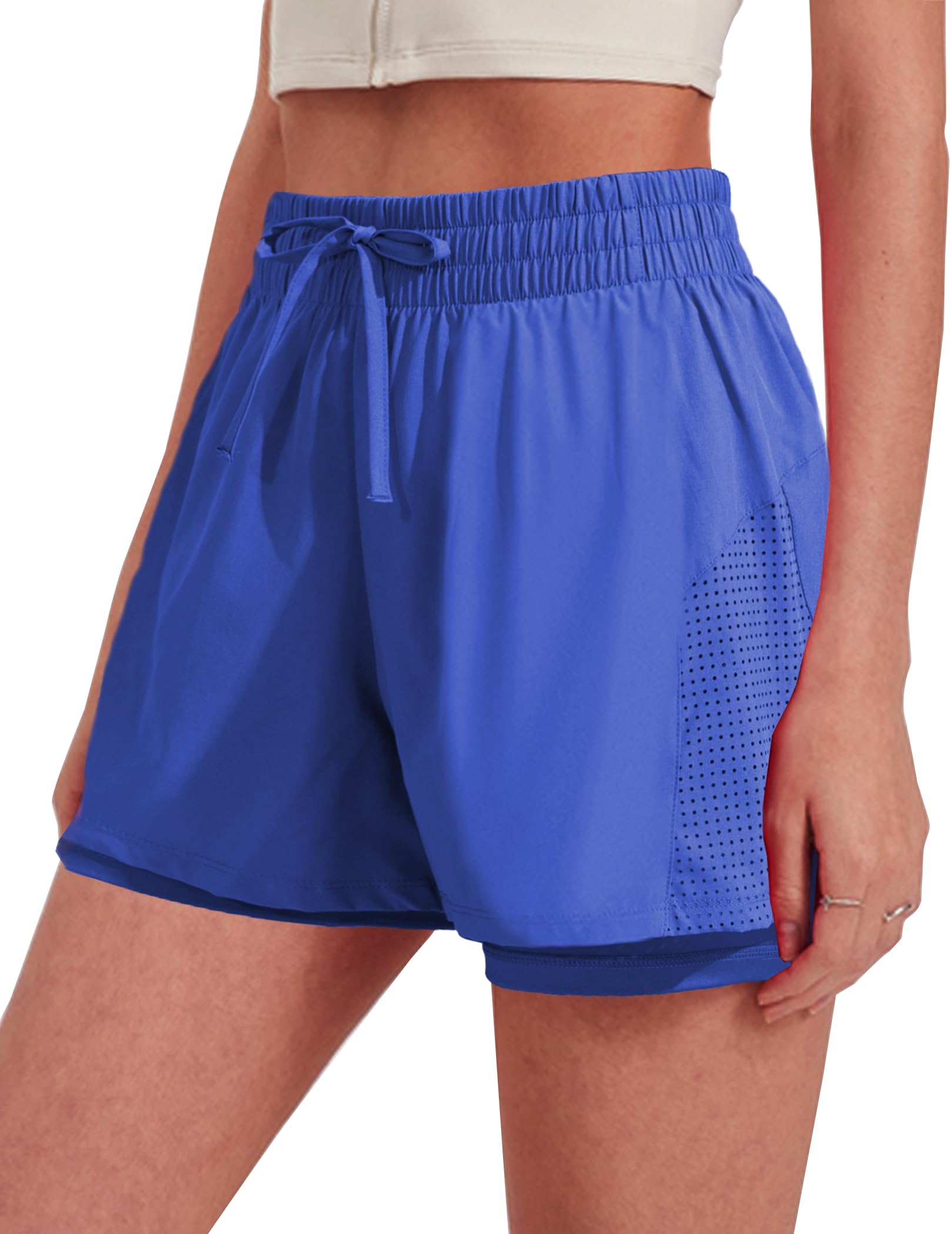 PINSPARK Womens High Waisted Running Shorts Soft Liner 4'' Dolphin Quick Dry Athletic Gym Track Workout Shorts with Pockets Royal Blue L