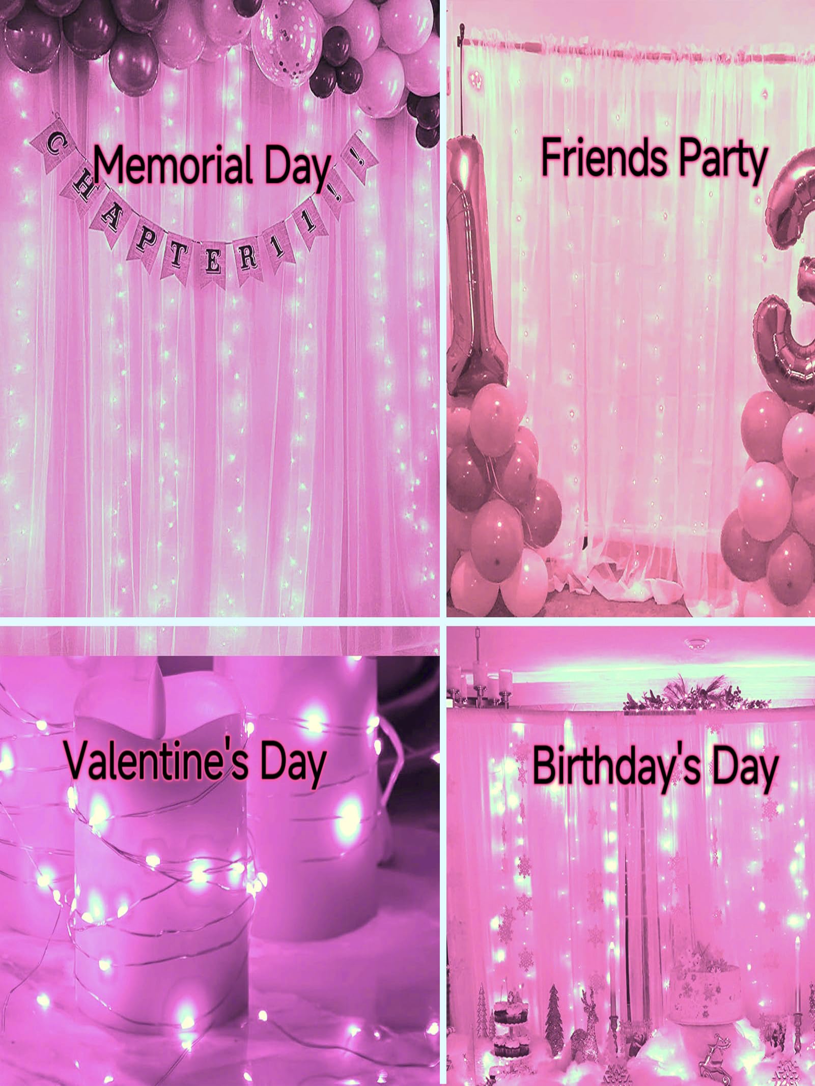 ORSMGOLF Fairy Curtain String Lights, Room Decor &Ideal Gift for Teens Girl, 8 Modes Wall Lights & Valentine's Day Indoor Decorations (Pink)