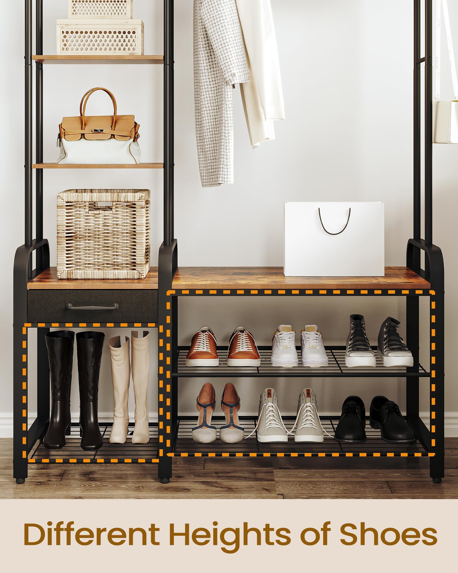 Hzuaneri Hall Tree, Coat Rack with 3-Tier Storage Bench and 1 Drawer, 5-in-1 Entryway Bench with 17 Hooks, 1 Hanging Rod, 4-Tier Side Shelves, Rustic Brown HT03501B