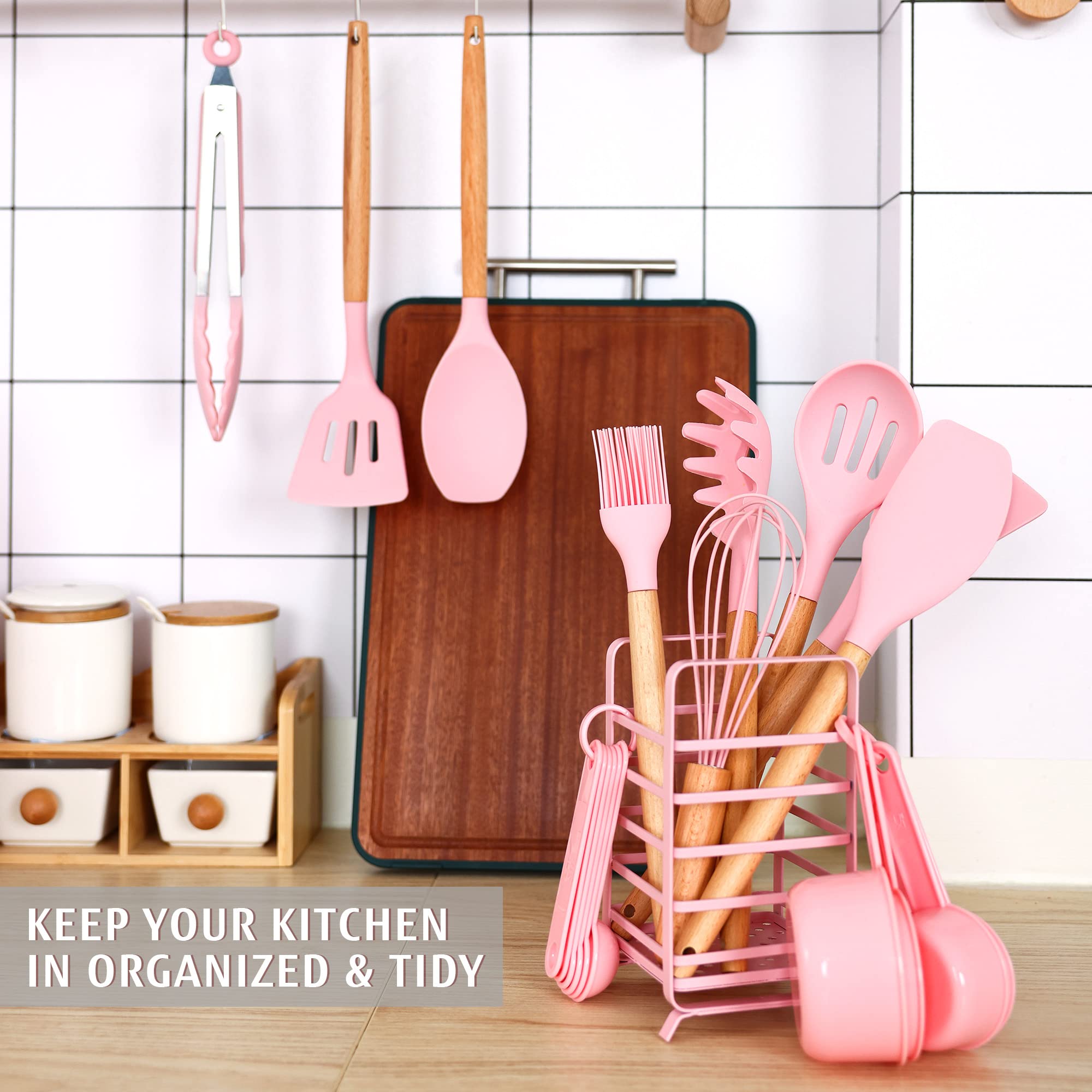 hecef Kitchen Utensils Set, 32 PCS Silicone Cooking Utensils Set with Stainless Steel Holder, 446°F Heat Resistant Food Grade Kitchen Gadgets Tools Set Wooden Handle for Nonstick Cookware (Pink)