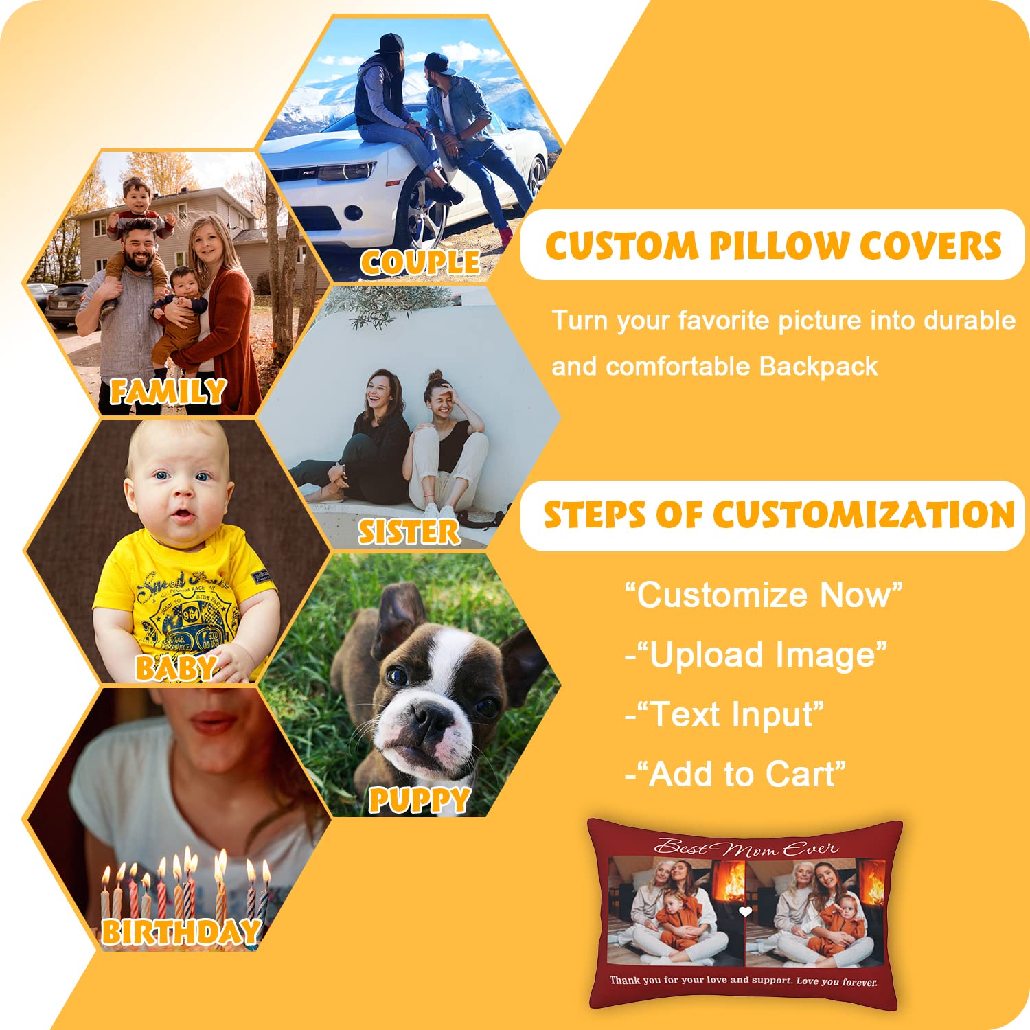 Custom Pillows with Picture Customized Pillow Covers Personalized Add Your Own Design Text Throw Pillow Covers Sofa Car Bedroom Decor Gifts for Men Women Friend Couple (Two-Panel Photo)