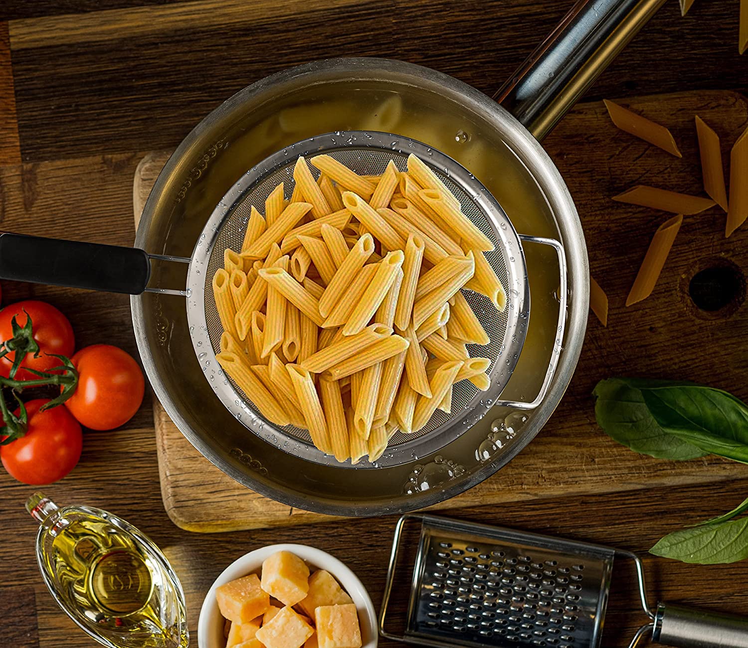 Kafoor 8" Large Fine Mesh Strainer with thermo plastic rubber handle - Sieve Fine Mesh Stainless Steel - Ideal to Strain Pasta, Quinoa and Rice.