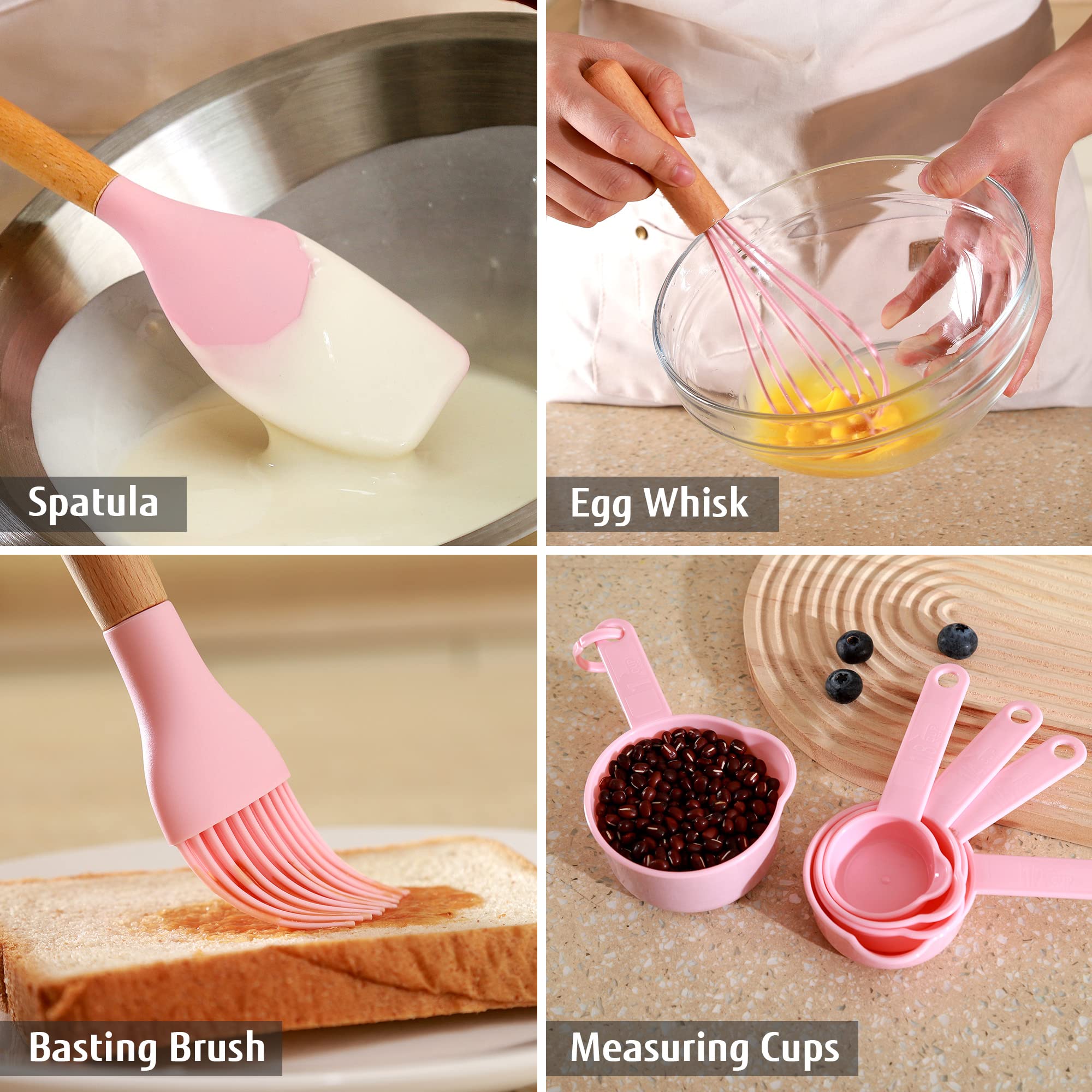 hecef Kitchen Utensils Set, 32 PCS Silicone Cooking Utensils Set with Stainless Steel Holder, 446°F Heat Resistant Food Grade Kitchen Gadgets Tools Set Wooden Handle for Nonstick Cookware (Pink)