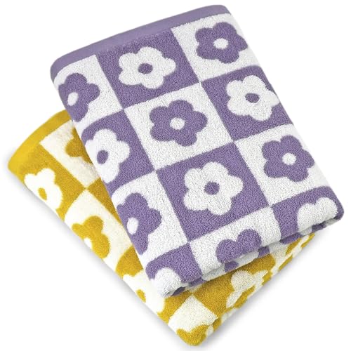Jacquotha Bath Towels Checkered Floral 55” x 28” - Decorative Bathroom Towels for Indoor Outdoor Gift, 440 GSM Soft Quick Dry Towel for Bathroom Gym Spa Swim (Yellow & Lilac)
