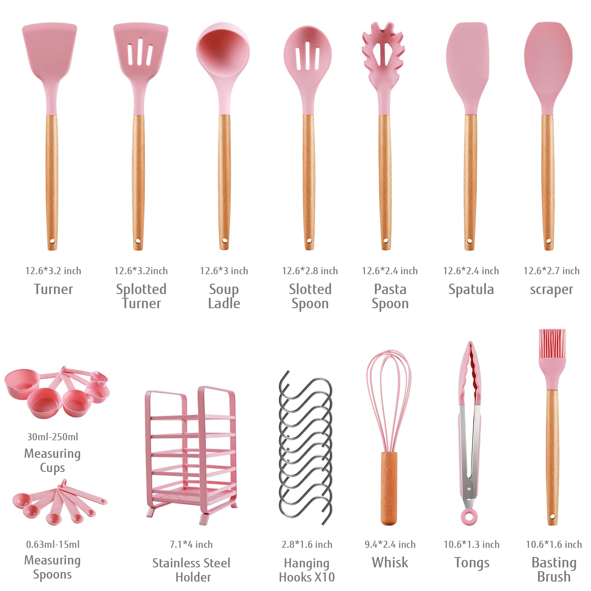 hecef Kitchen Utensils Set, 32 PCS Silicone Cooking Utensils Set with Stainless Steel Holder, 446°F Heat Resistant Food Grade Kitchen Gadgets Tools Set Wooden Handle for Nonstick Cookware (Pink)