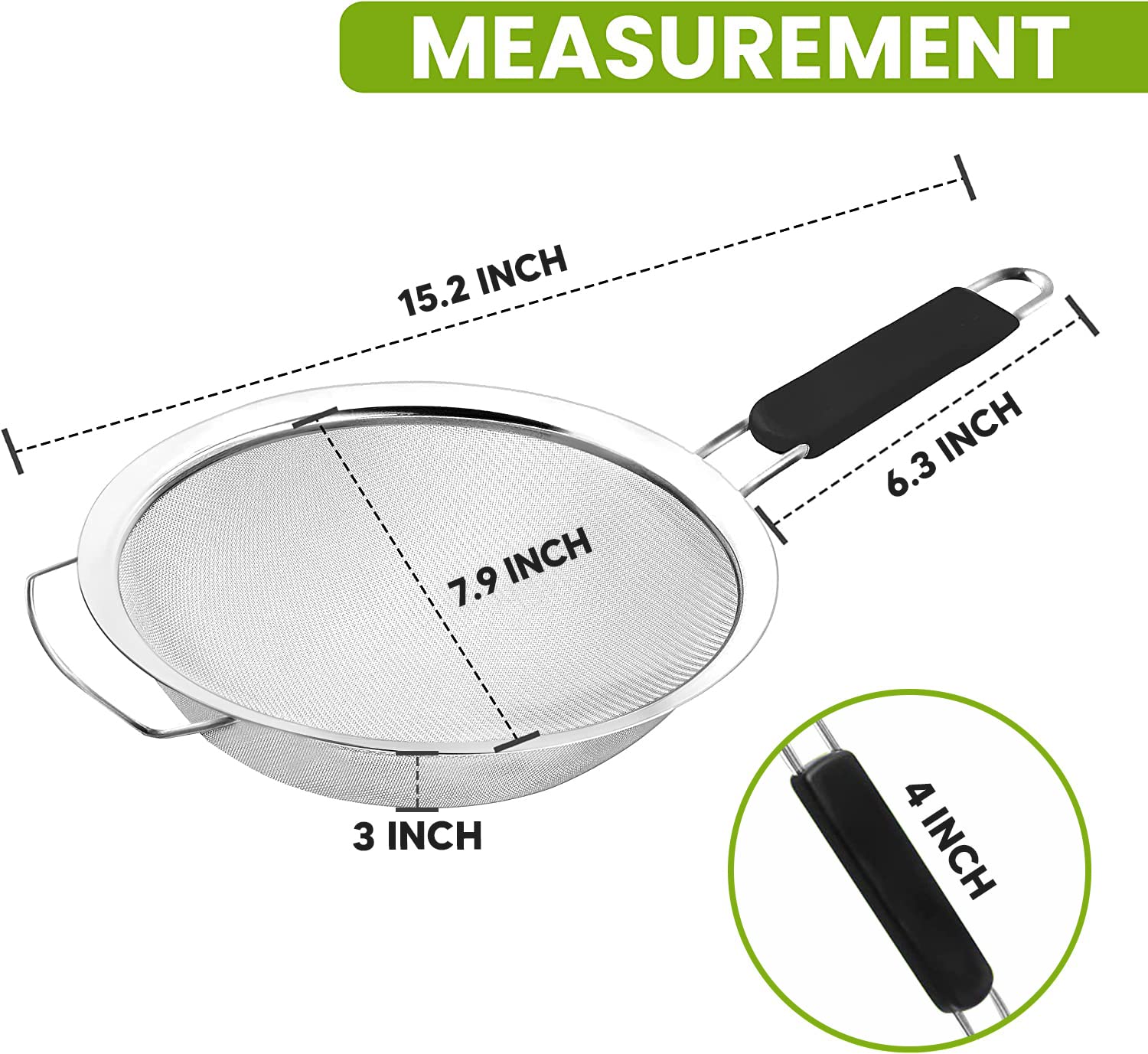 Kafoor 8" Large Fine Mesh Strainer with thermo plastic rubber handle - Sieve Fine Mesh Stainless Steel - Ideal to Strain Pasta, Quinoa and Rice.