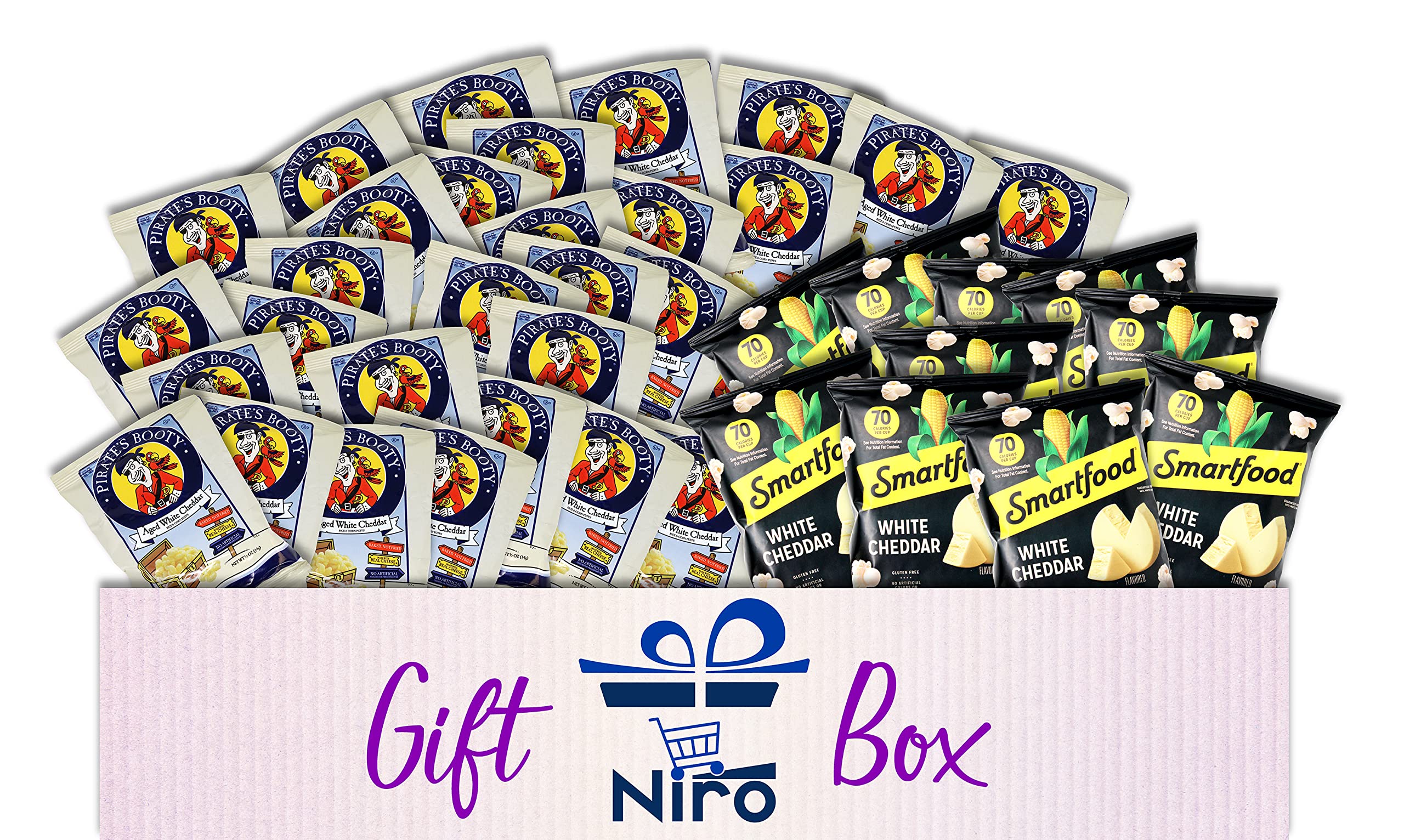 Niro Assortment | Popcorn Snack Pack | Individual Popcorn Snack Bags | Pirates Booty Aged White Cheddar and Smart Food White Cheddar Snack Pack | 40 Packs | Individual Packs