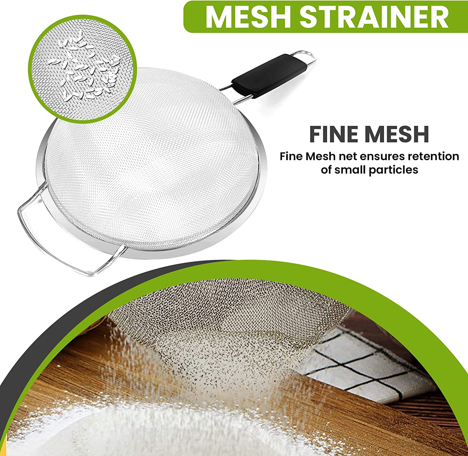 Kafoor 8" Large Fine Mesh Strainer with thermo plastic rubber handle - Sieve Fine Mesh Stainless Steel - Ideal to Strain Pasta, Quinoa and Rice.
