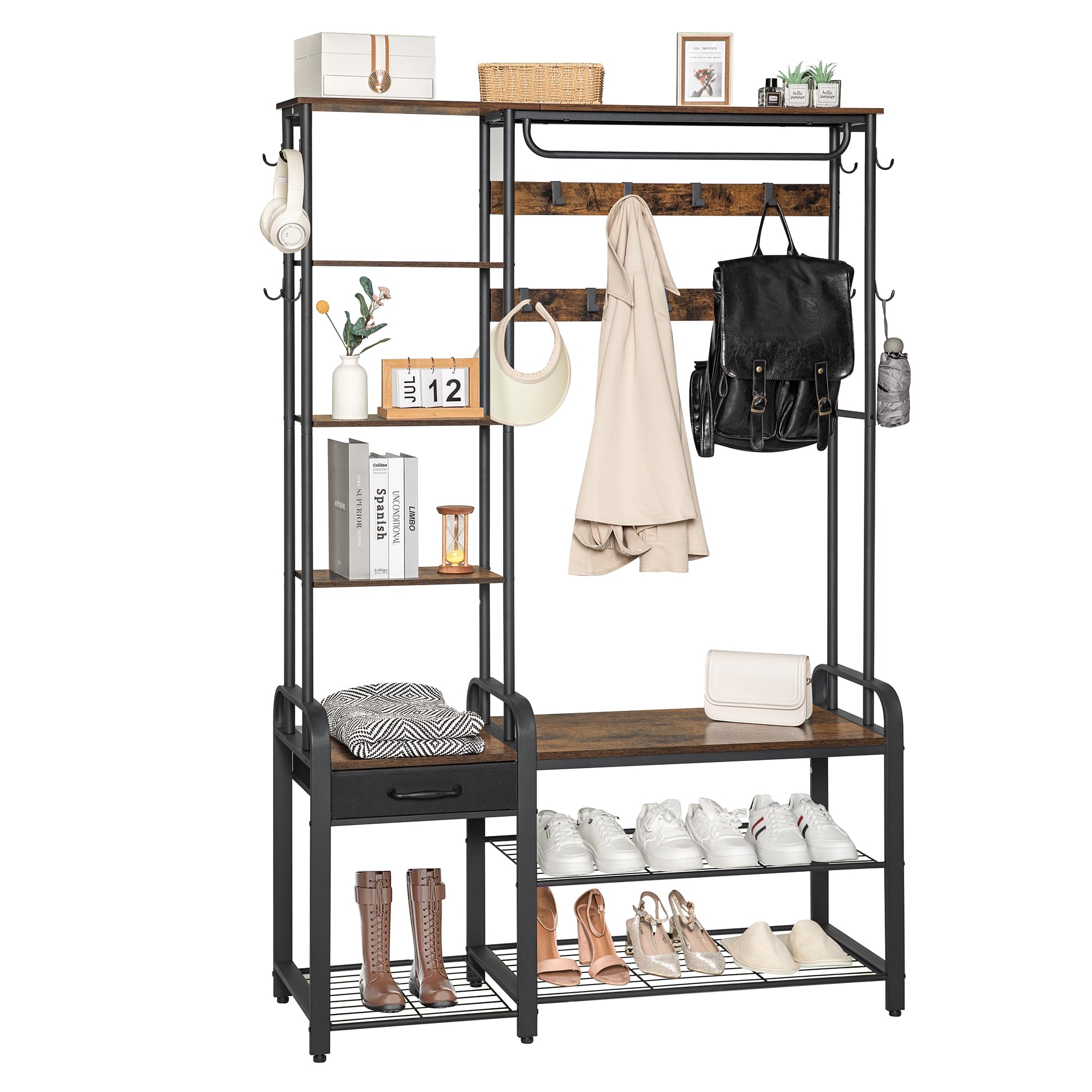 Hzuaneri Hall Tree, Coat Rack with 3-Tier Storage Bench and 1 Drawer, 5-in-1 Entryway Bench with 17 Hooks, 1 Hanging Rod, 4-Tier Side Shelves, Rustic Brown HT03501B