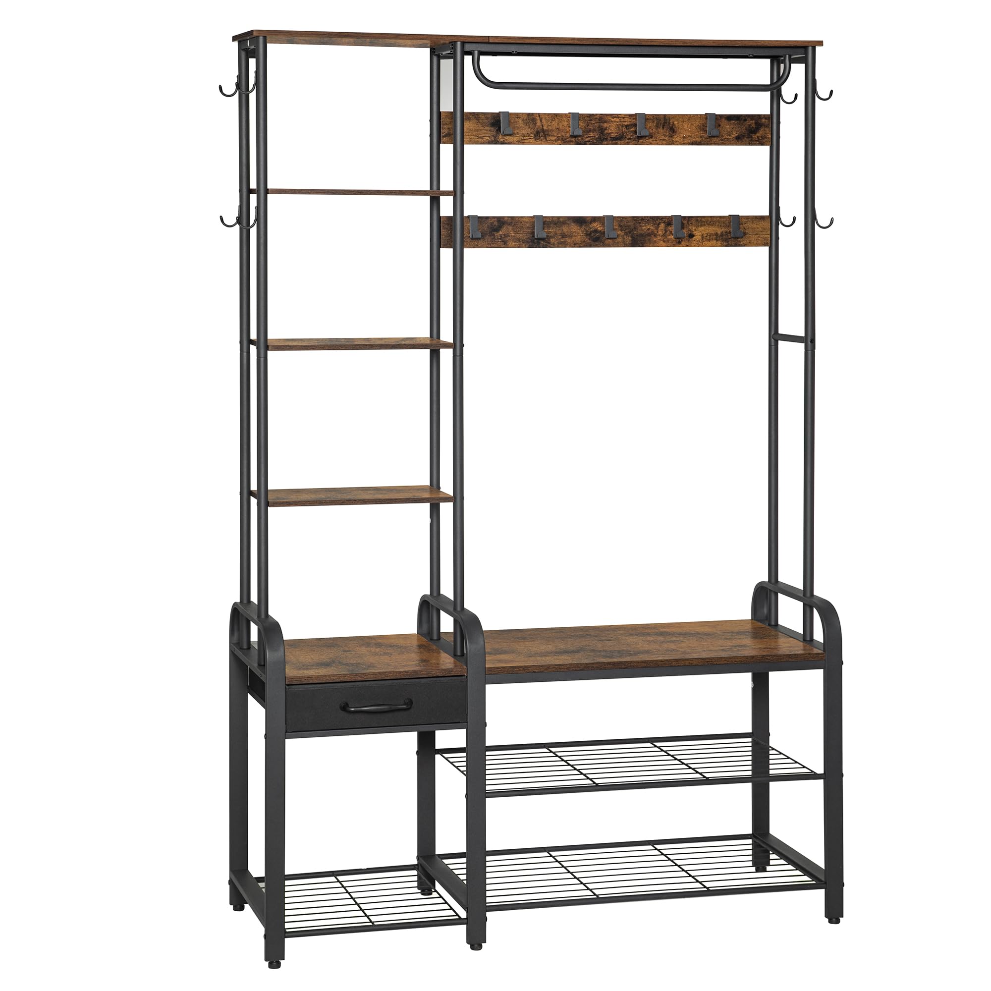 Hzuaneri Hall Tree, Coat Rack with 3-Tier Storage Bench and 1 Drawer, 5-in-1 Entryway Bench with 17 Hooks, 1 Hanging Rod, 4-Tier Side Shelves, Rustic Brown HT03501B