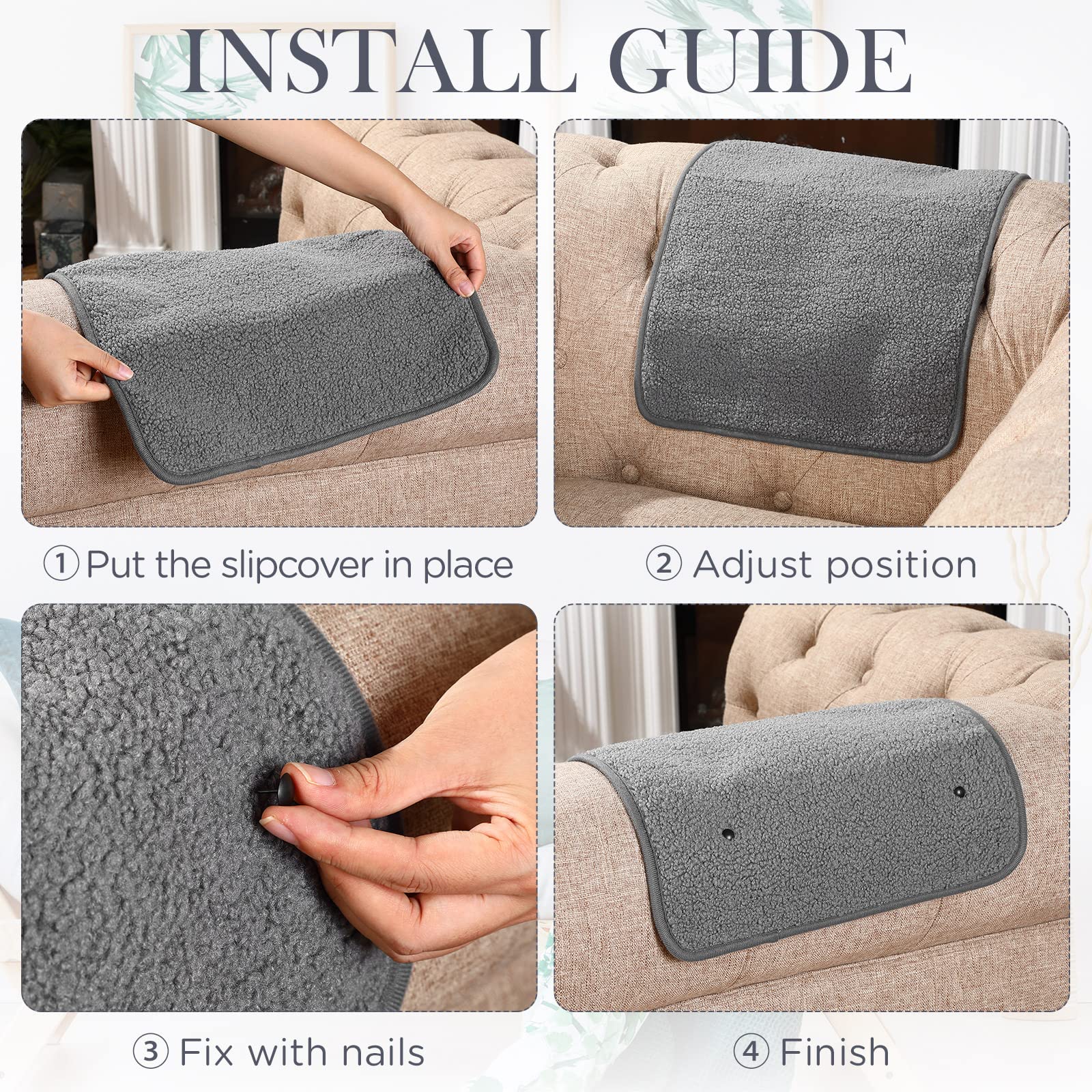 4 Pcs Recliner Covers Sherpa Arm Covers for Recliner Chair Recliner Headrest Protector Armrest Slipcovers with Storage Pockets Sofa Headrest Protector Couch Furniture for Living Room, Gray