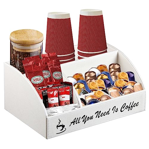 Militwo PU Leather Coffee Station Organizer, Countertop Coffee Bar Accessories Tea Bag Organizer Coffee Pods Drawer Holder and Organizer for Coffee Bar Decor, Coffee Lovers Gift White