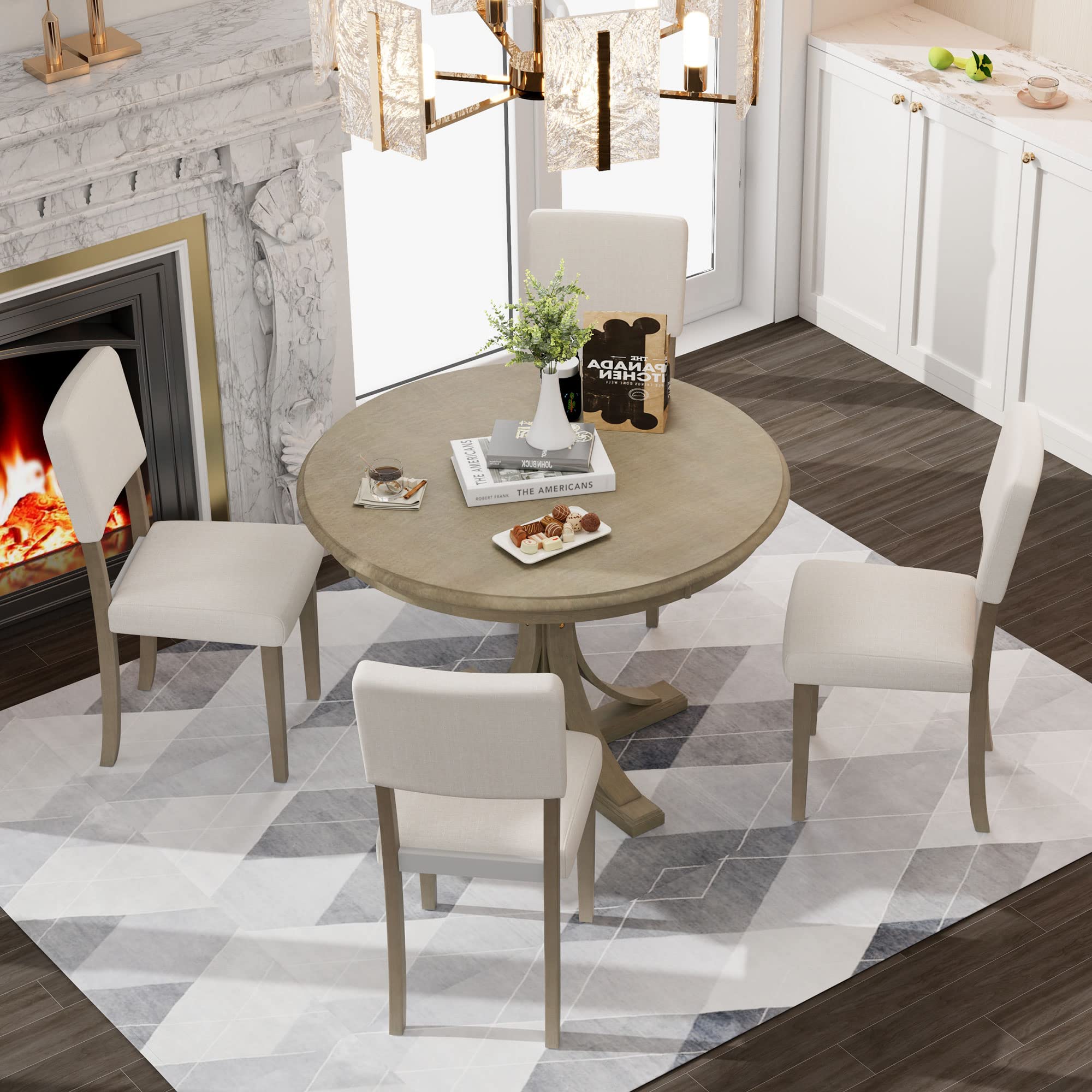 P PURLOVE 5 Piece Round Dining Table Set for 4, Retro Round Table and Chairs Set of 4 with Upholstered Chairs for Dining Room, Kitchen Room