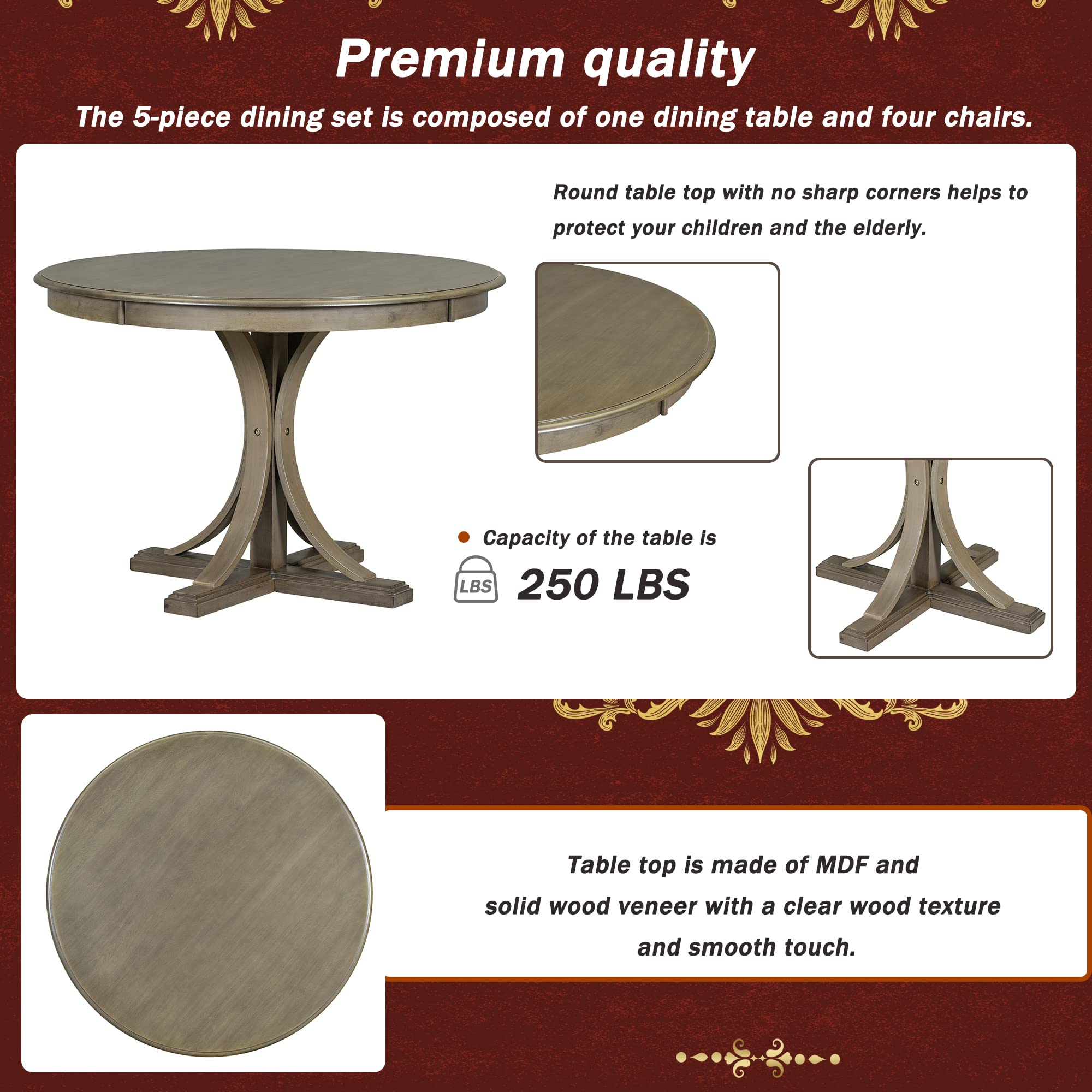 P PURLOVE 5 Piece Round Dining Table Set for 4, Retro Round Table and Chairs Set of 4 with Upholstered Chairs for Dining Room, Kitchen Room