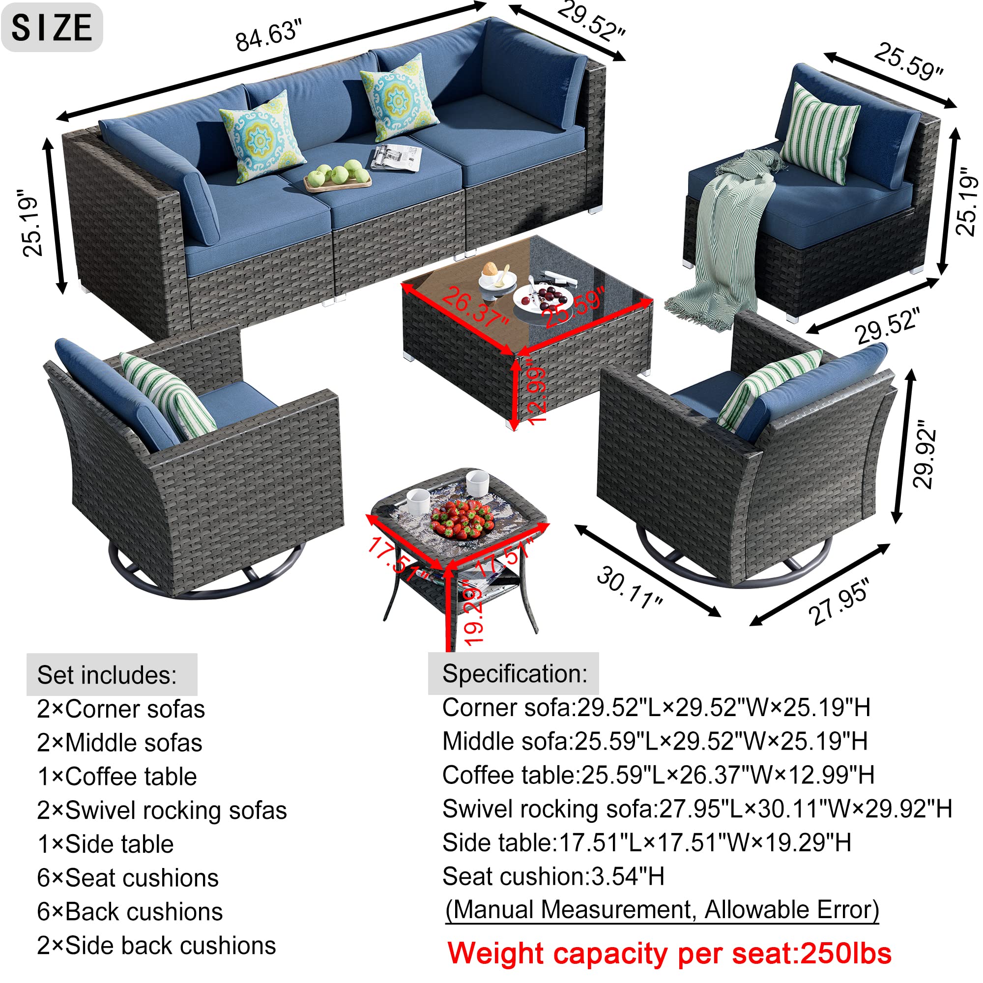 XIZZI Outdoor Furniture Patio Sectional Sofa Swivel Rocking Chairs 8 Piece All Weather PE Rattan Wicker Conversation Sets with Coffee and Side Table for Backyard Deck Garden,Denim Blue