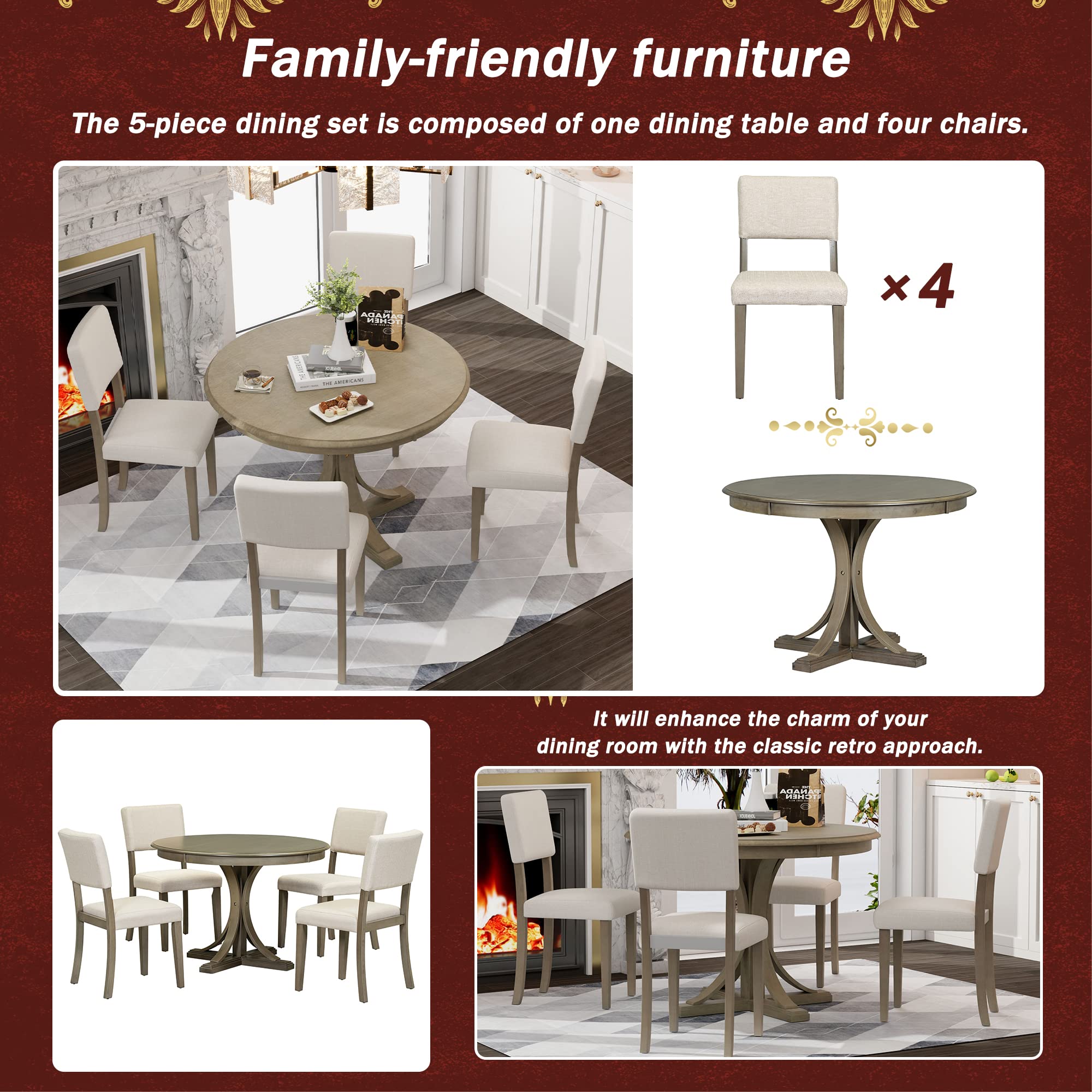 P PURLOVE 5 Piece Round Dining Table Set for 4, Retro Round Table and Chairs Set of 4 with Upholstered Chairs for Dining Room, Kitchen Room