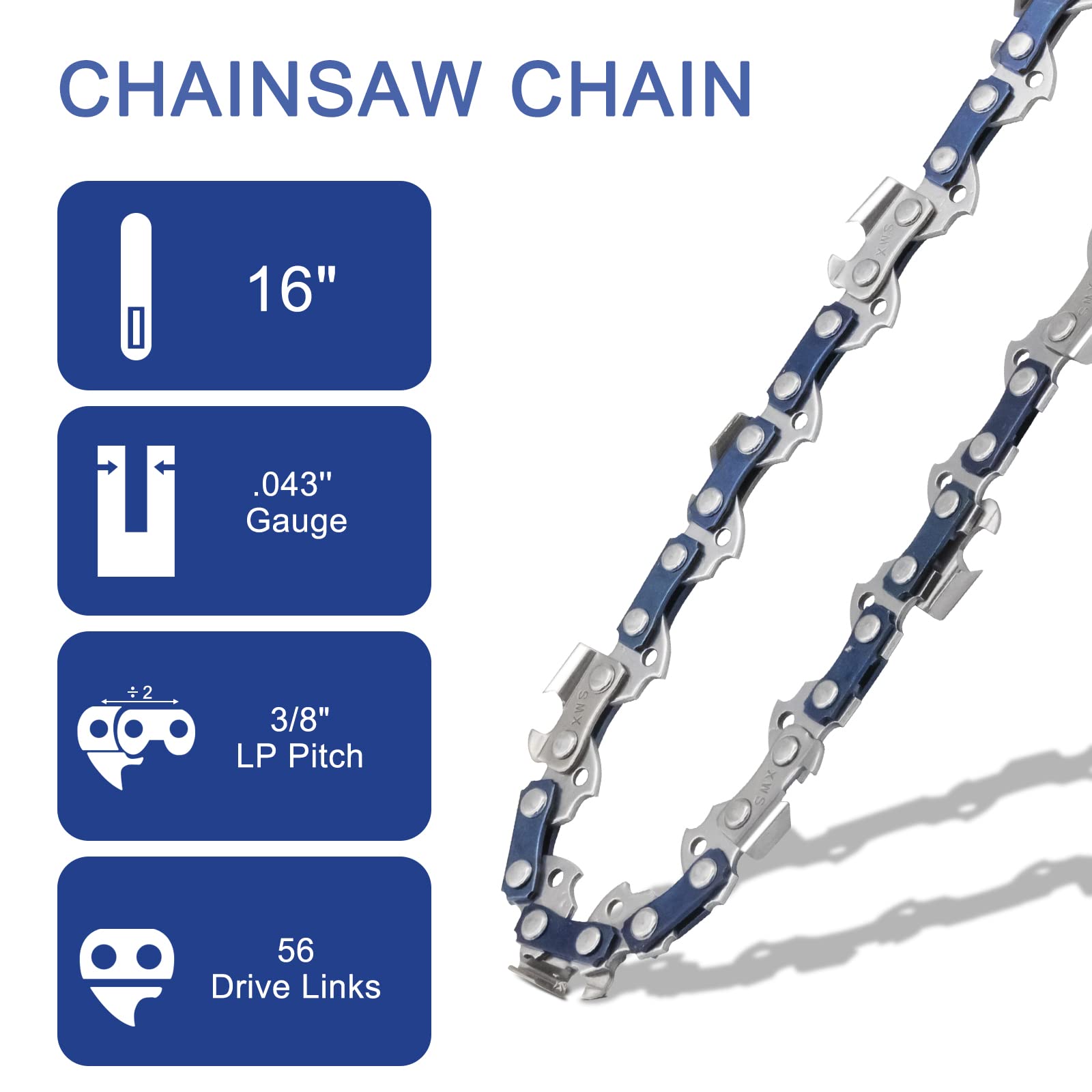 O-CONN 4 Pack 16 Inch Chainsaw Chain 3/8" LP Pitch .043'' Gauge 56 Drive Links Fits Greenworks, DeWalt, Poulan, Milwaukee and more