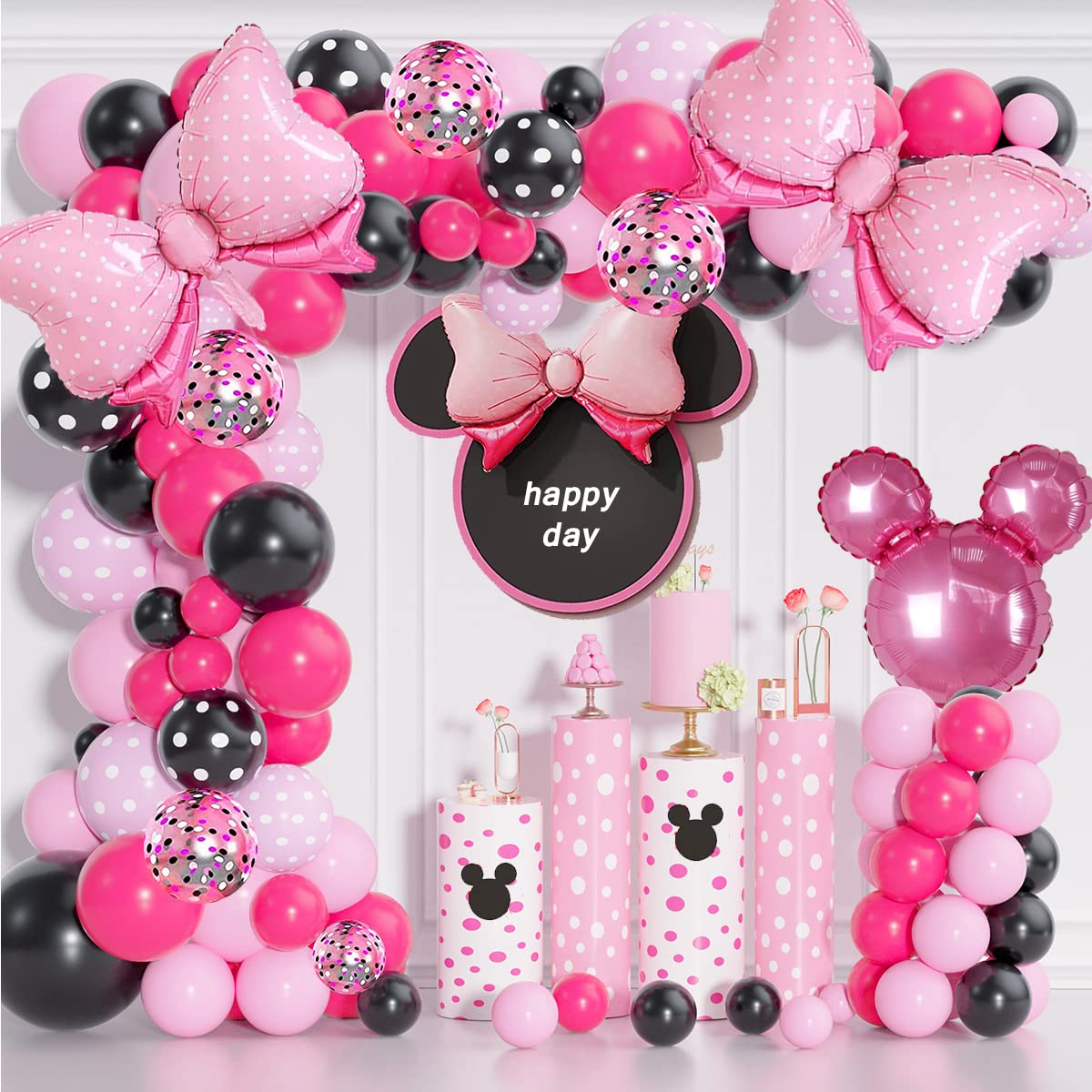 137pcs Pink Mouse Color Balloon Garland Kit Pink Black Polka Dot Balloon Arch with Bow Foil Balloons for Girls Kids Pink Mouse Theme Birthday Baby Shower Decorations