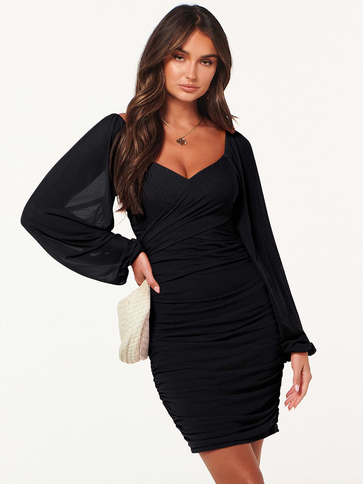 ANRABESS Women's Sexy V Neck Ruched Bodycon Mini Dress Puff Long Sleeve Cocktail Wedding Guest Formal Party Short Dresses Black Small