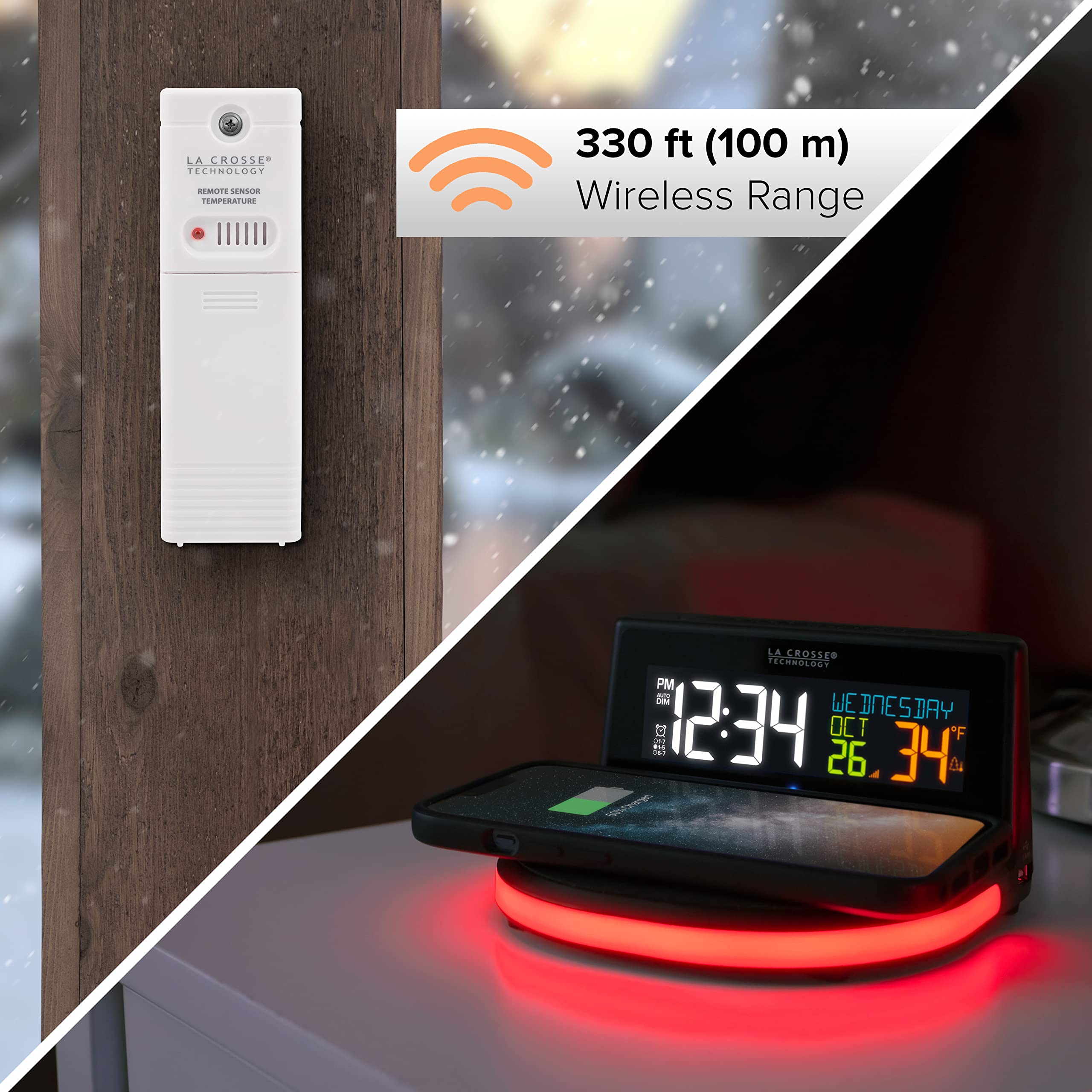 La Crosse Technology 617-84947-INT Wireless 5W Charging Alarm Clock with Glowing Base and Outdoor Sensor