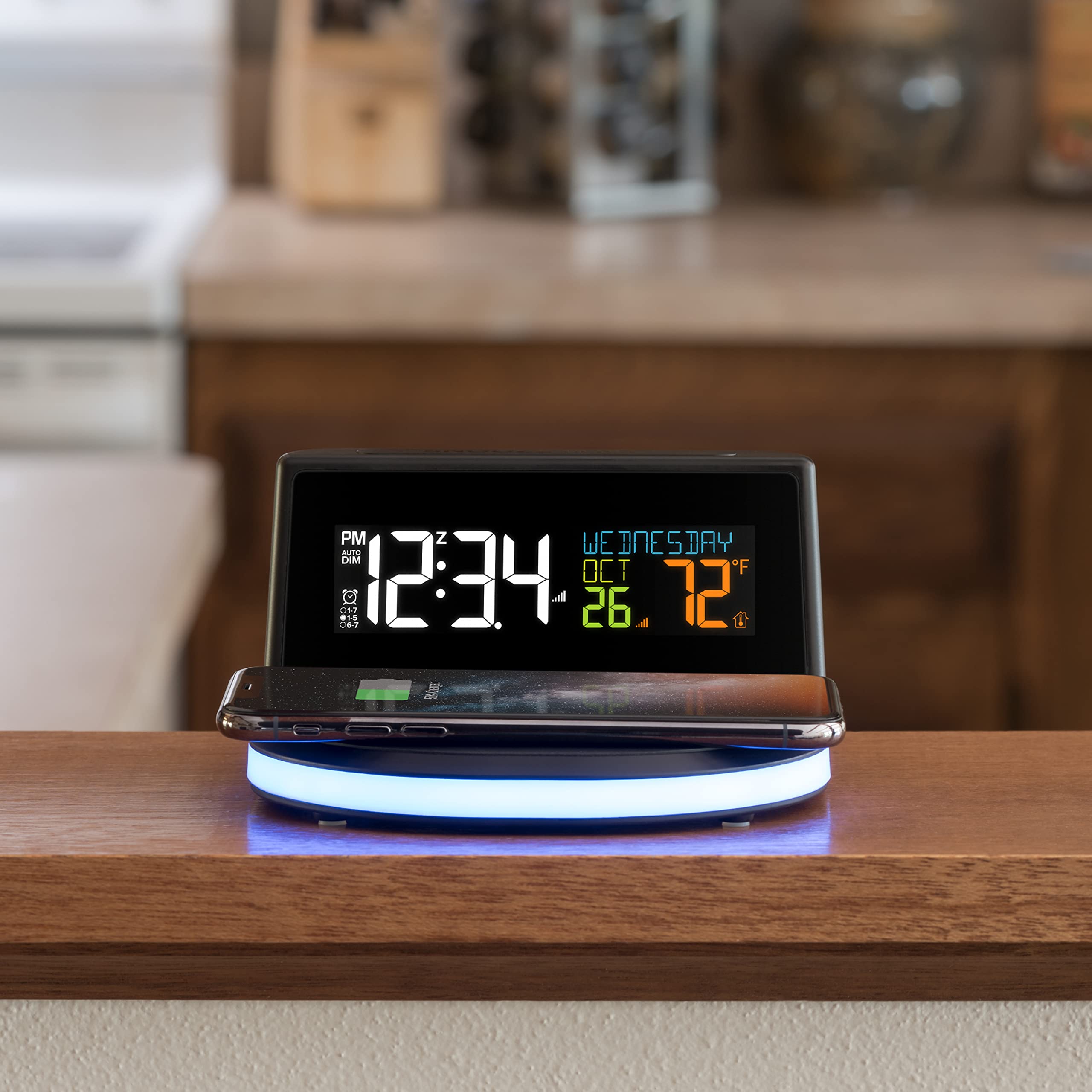 La Crosse Technology 617-84947-INT Wireless 5W Charging Alarm Clock with Glowing Base and Outdoor Sensor