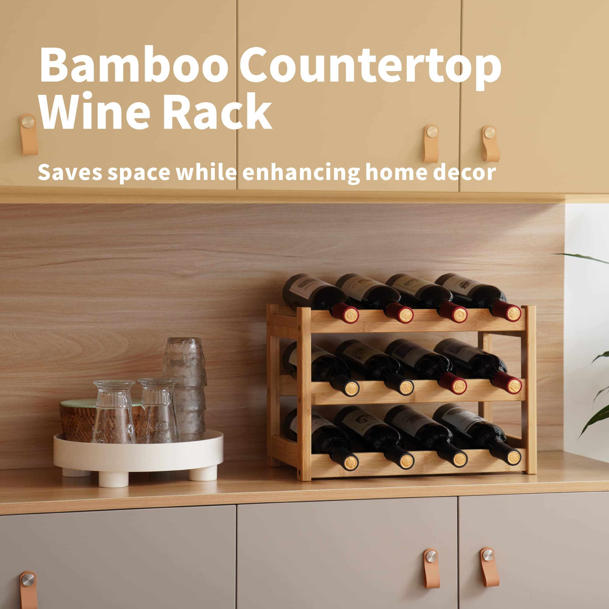 VASMIA Bamboo Wine Rack, Sturdy and Durable Wine Storage Cabinet Shelf, Wine Racks Countertop for Pantry,Kitchen,3-Tier 12 Bottles Wine Rack Natural
