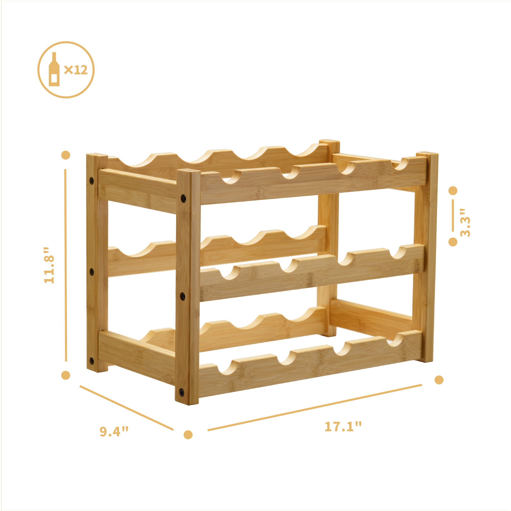 VASMIA Bamboo Wine Rack, Sturdy and Durable Wine Storage Cabinet Shelf, Wine Racks Countertop for Pantry,Kitchen,3-Tier 12 Bottles Wine Rack Natural
