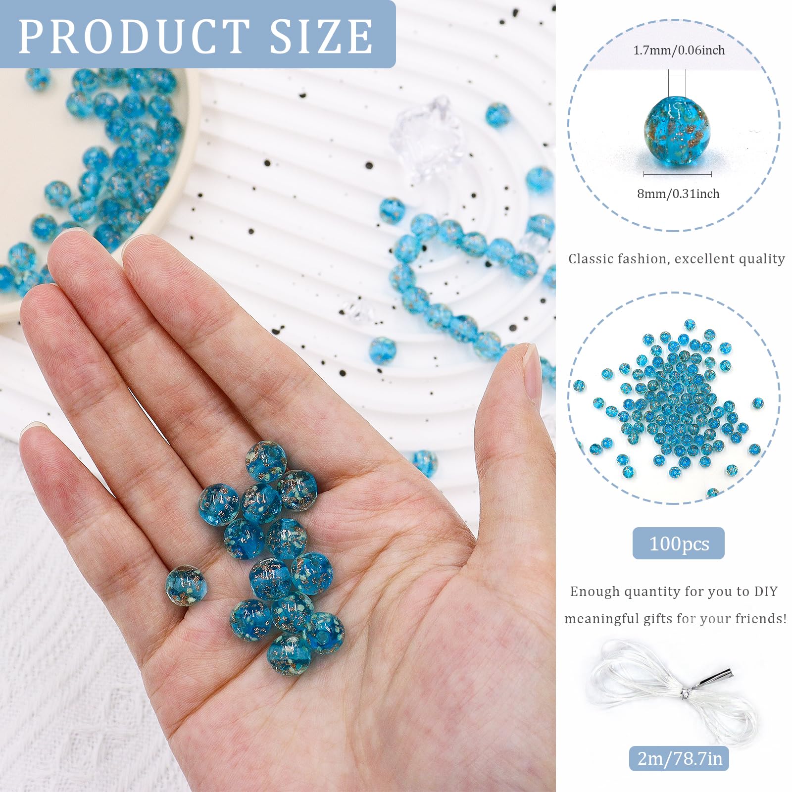 100Pcs Luminous Glass Beads Sky Blue 8mm Round Beads Glow Crystal Loose Beads with Rope for DIY Craft Bracelet Jewelry