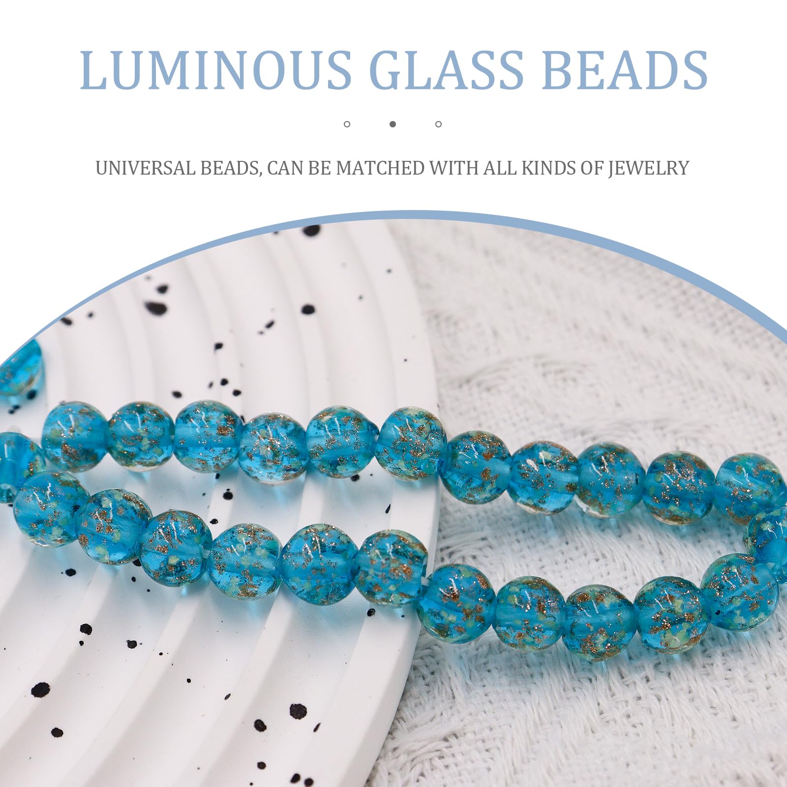 100Pcs Luminous Glass Beads Sky Blue 8mm Round Beads Glow Crystal Loose Beads with Rope for DIY Craft Bracelet Jewelry