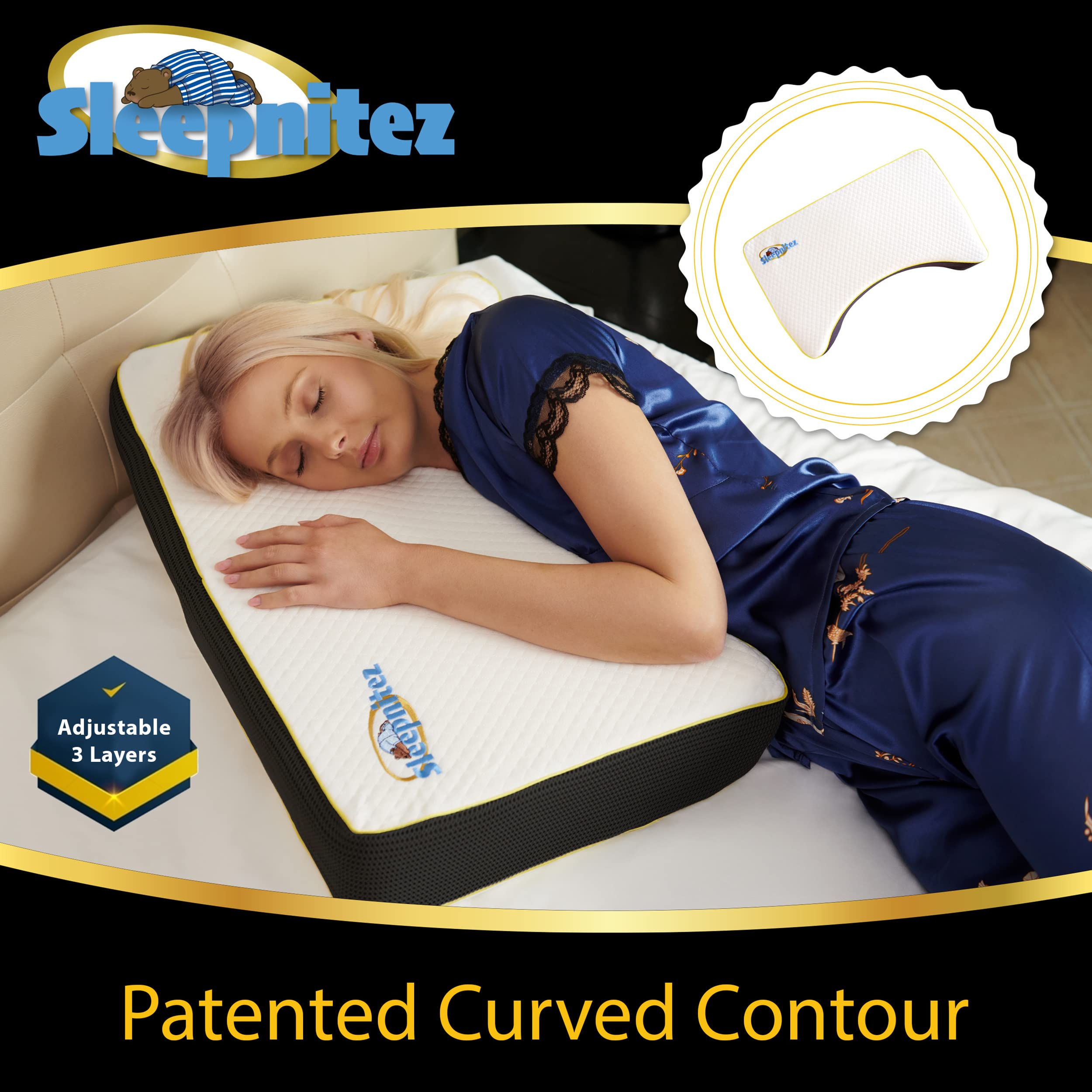 Sleepnitez Back and Side Sleeper Pillow for Neck and Shoulder Pain Cervical Neck Pillow with 3 Layers of Memory Foam Side Sleeping Pillow with Washable Tencel Cover