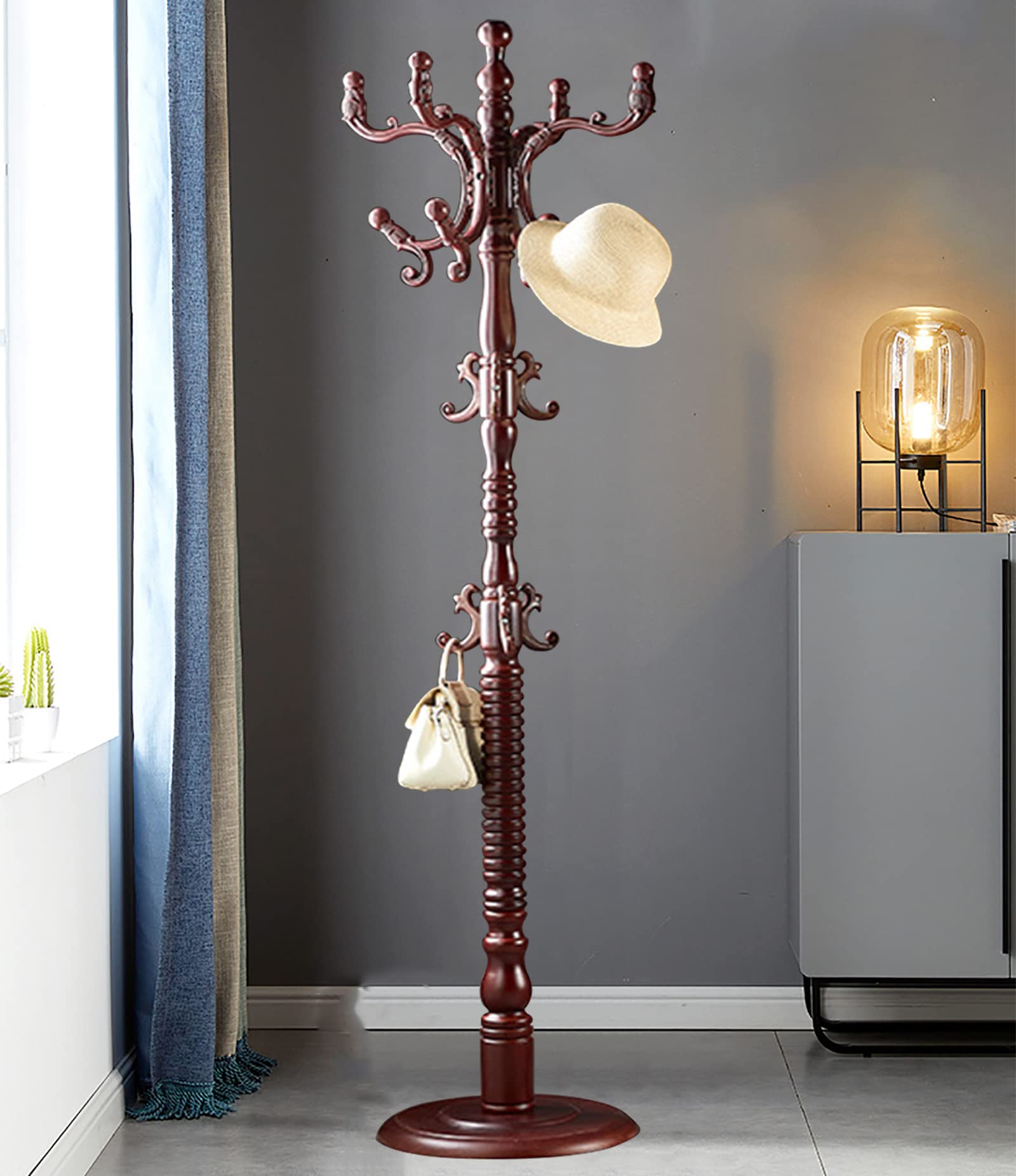 High-Grade Coat Rack Freestanding Coat Rack Stand, Wooden Coat Rack Stand with 14 Hooks, Coat Rack Wooden Tree for Coats, Hats, Bags, Purses, for Entryway Hallway Foyer Office Closet (Mahogany color)