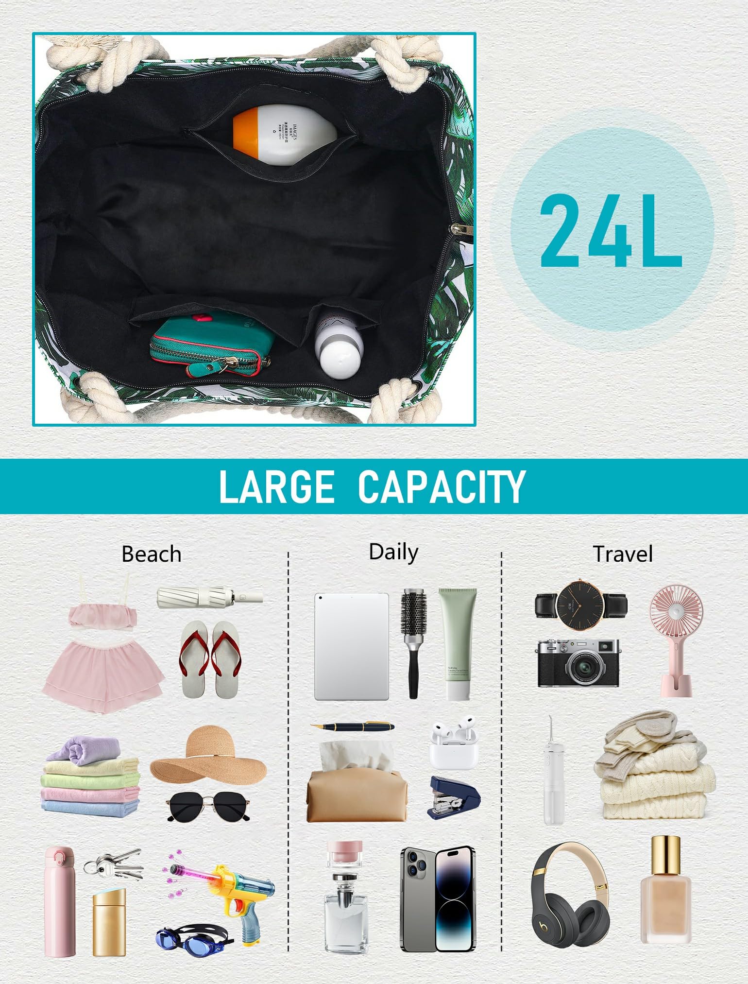 Large Travel Beach Tote Bags for Women Ladies Canvas Waterproof Sandproof Foldable Carry On Duffle Bag with Zipper Pockets Compartments for Wife Girlfriend Weekender Overnight Vocation Cruise Folding