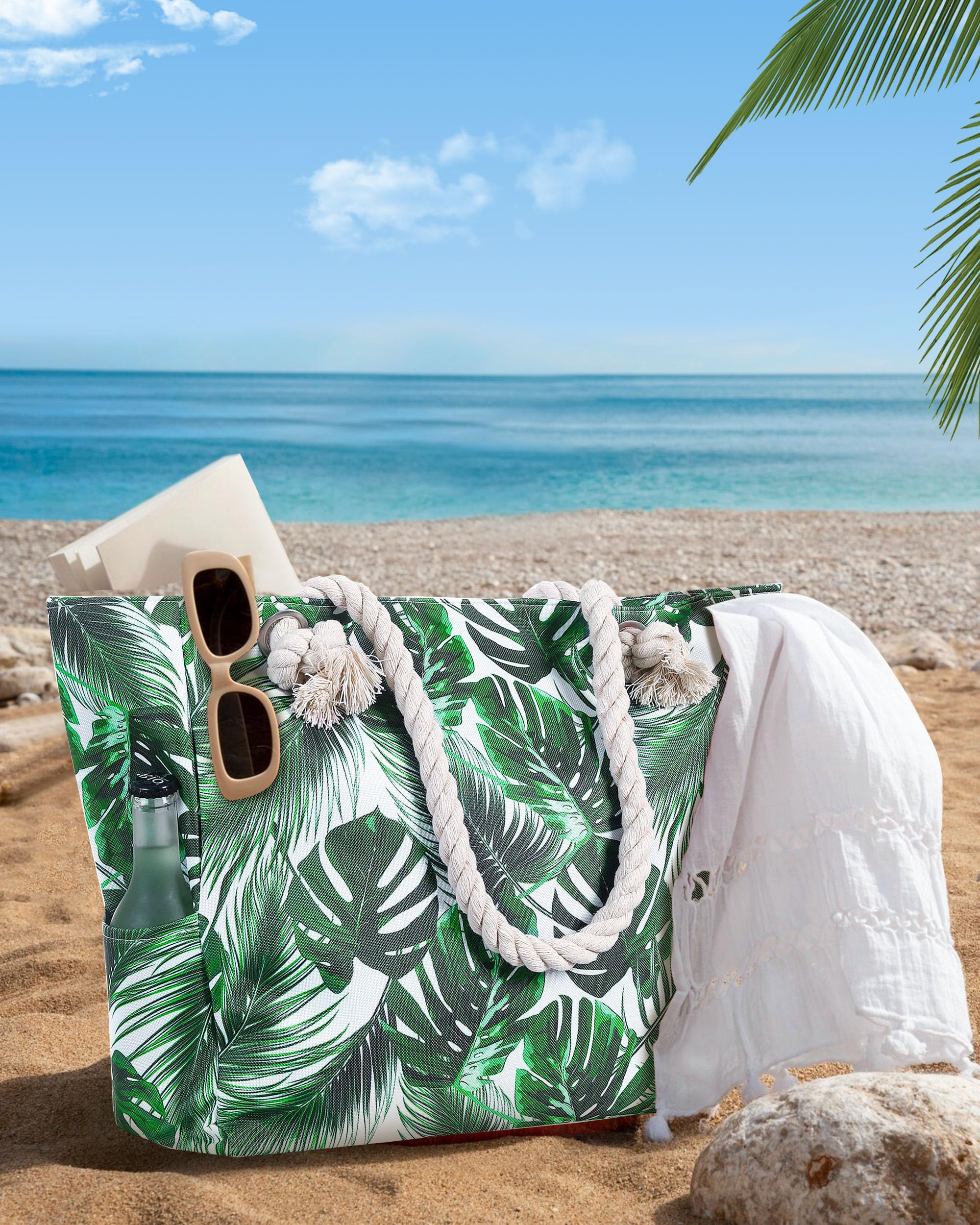Large Travel Beach Tote Bags for Women Ladies Canvas Waterproof Sandproof Foldable Carry On Duffle Bag with Zipper Pockets Compartments for Wife Girlfriend Weekender Overnight Vocation Cruise Folding