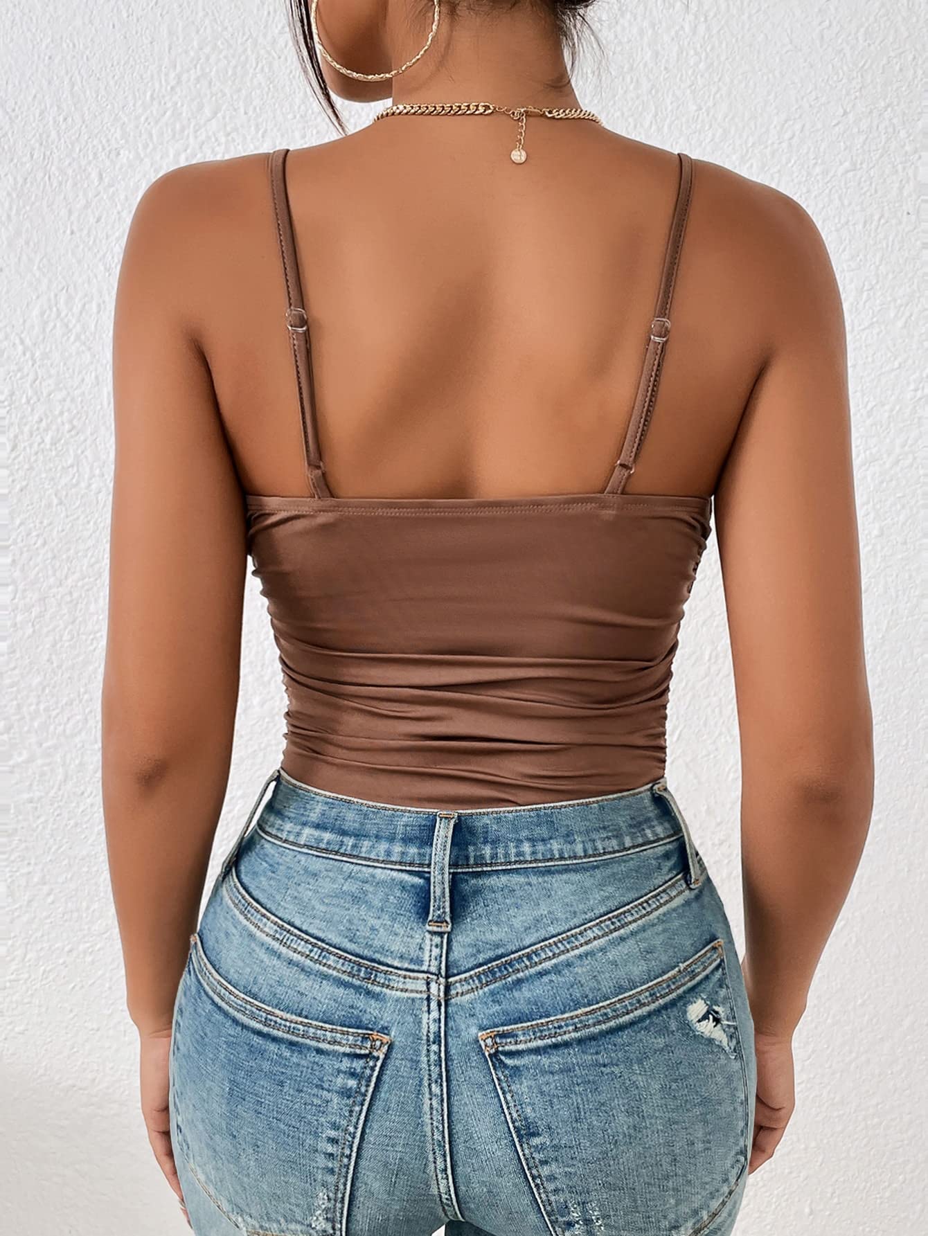 SOLY HUX Women's Sexy Ruched Bust Tie Knot Front Cami Top Sleeveless Backless Slim Fit Camisole Solid Brown L