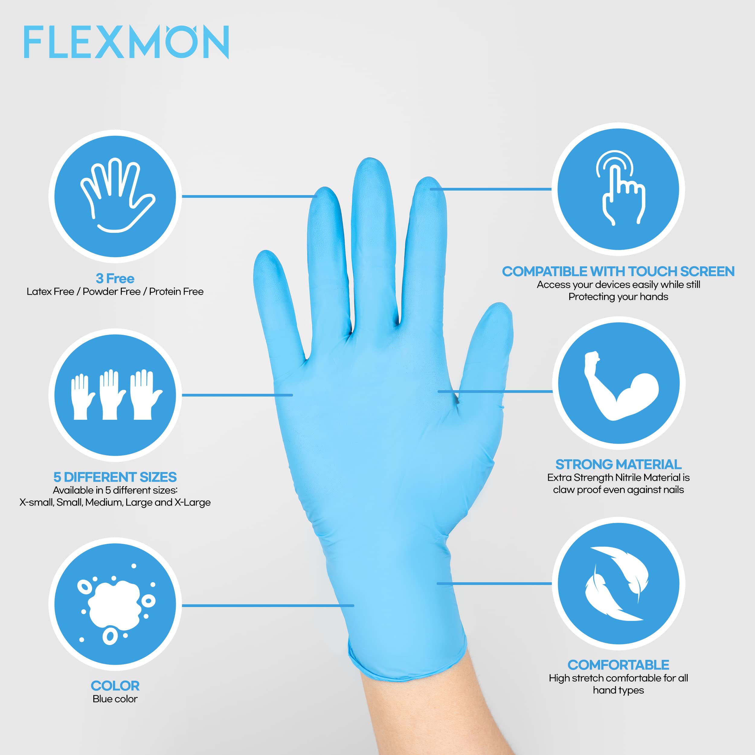 FLEXMON Nitrile Exam Gloves,100 Count, Single Use, 4.2 Mil Heavy, Sterile, Protective, Medical Exam Gloves, Disposable, Food, Latex Free, Cooking, Blue, Safe, Cleaning & More (X-Small)
