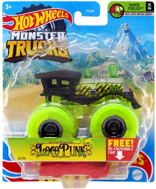 Monster Trucks Loco Punk with Re-Crushable Car #37/75, Neon Green Wheels (1:64 Scale diecast Truck)