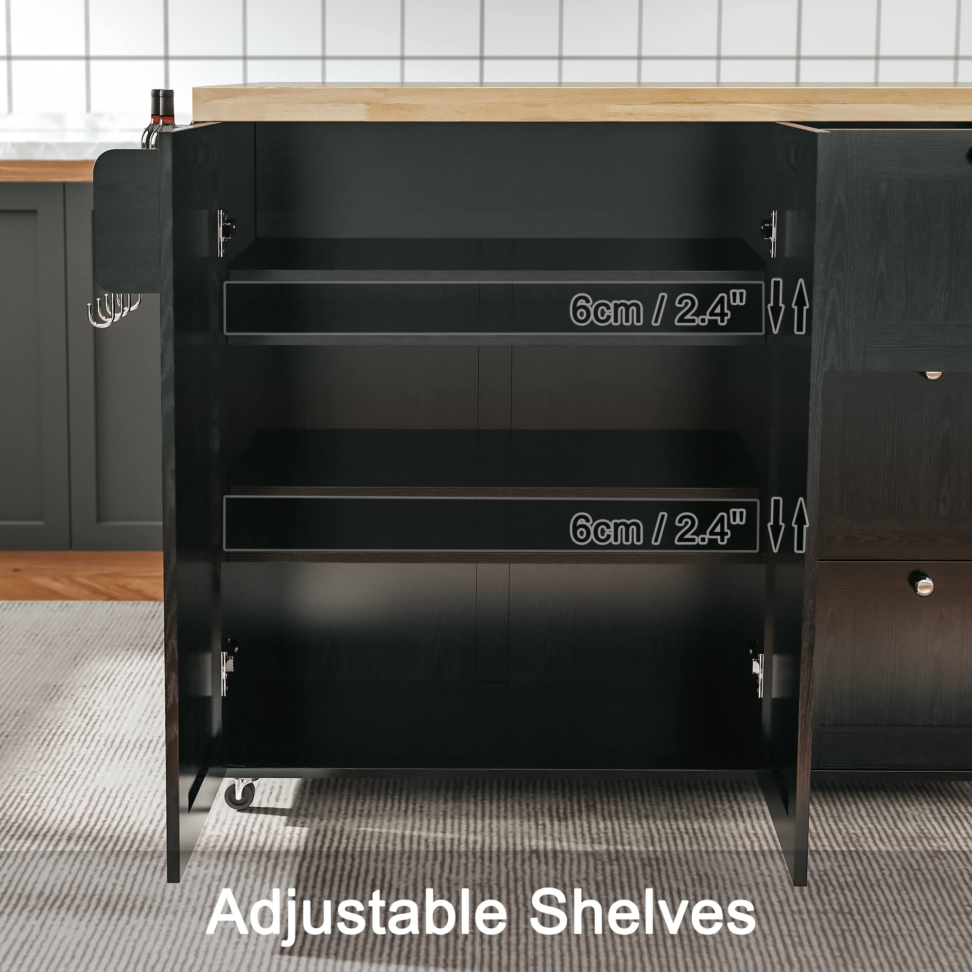 IRONCK Rolling Kitchen Island Cart with Drop-Leaf Countertop, Barn 3Drawers, Barn Door Style Cabine,Thicker Rubberwood Top, Spice Rack, on Wheels, for Kitchen and Dining Room, Black