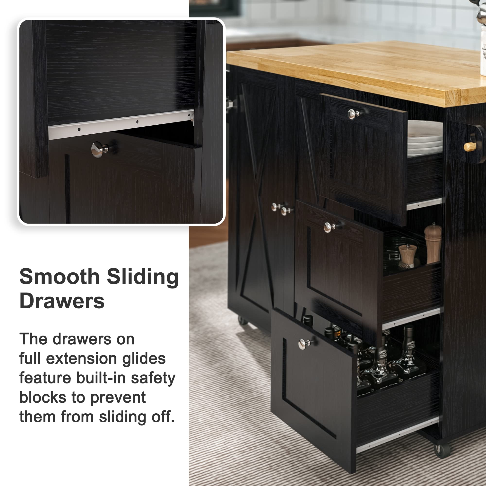 IRONCK Rolling Kitchen Island Cart with Drop-Leaf Countertop, Barn 3Drawers, Barn Door Style Cabine,Thicker Rubberwood Top, Spice Rack, on Wheels, for Kitchen and Dining Room, Black