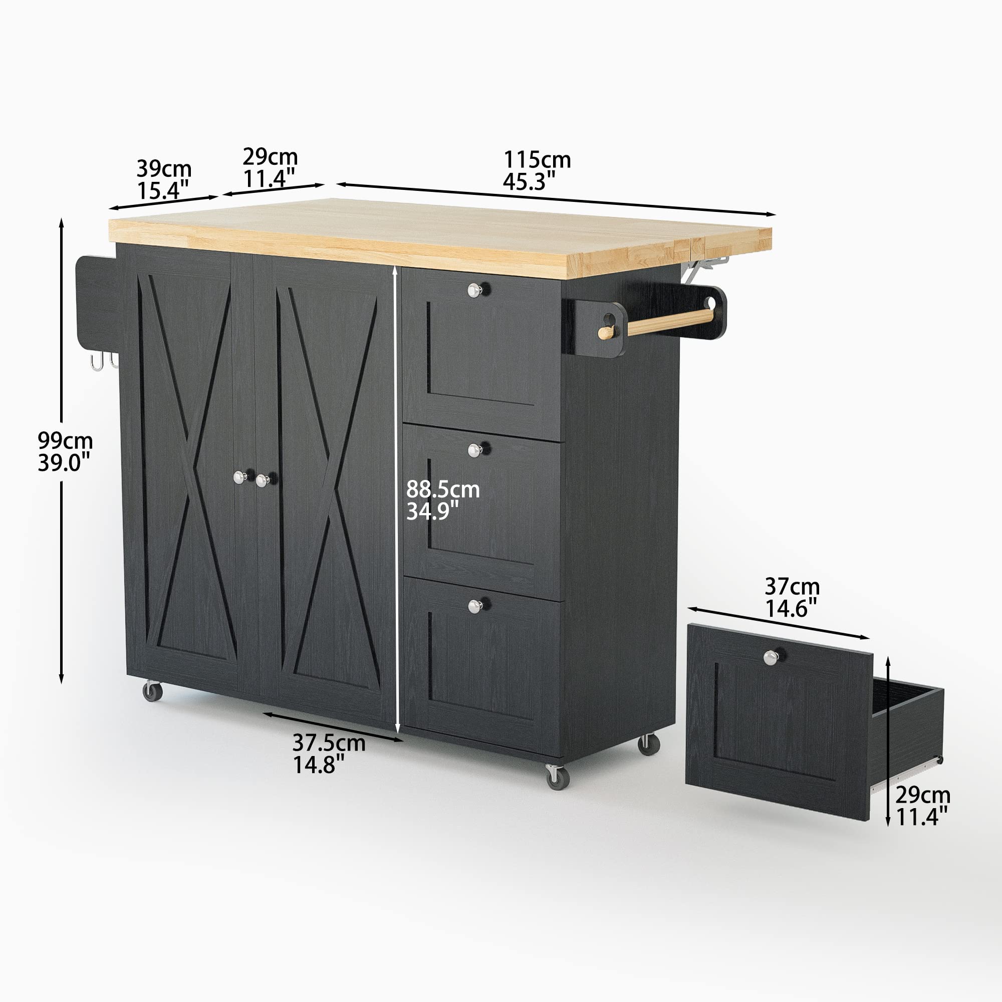 IRONCK Rolling Kitchen Island Cart with Drop-Leaf Countertop, Barn 3Drawers, Barn Door Style Cabine,Thicker Rubberwood Top, Spice Rack, on Wheels, for Kitchen and Dining Room, Black