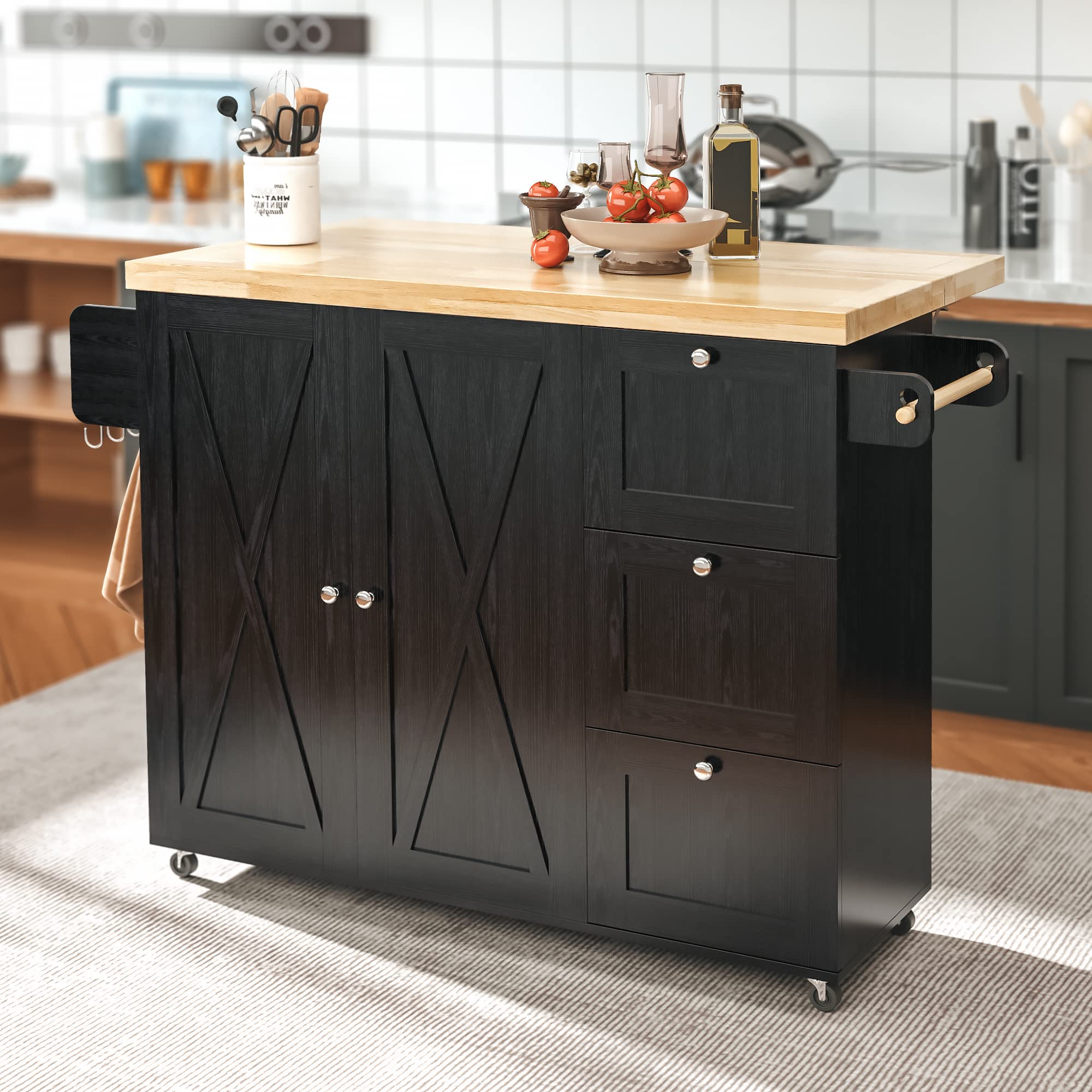 IRONCK Rolling Kitchen Island Cart with Drop-Leaf Countertop, Barn 3Drawers, Barn Door Style Cabine,Thicker Rubberwood Top, Spice Rack, on Wheels, for Kitchen and Dining Room, Black