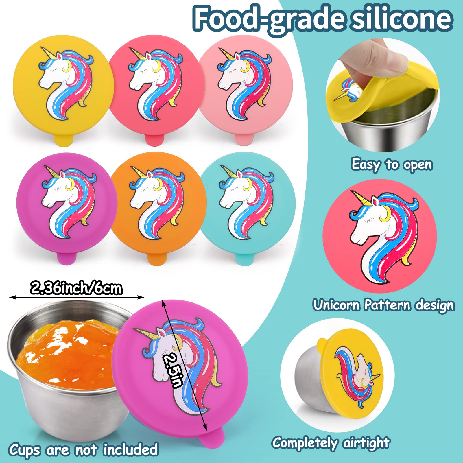 Salad Dressing Container Silicone Lids, 6 Pack Replacement Lids for Most Diameter 2.36in Stainless Steel Condiment Sauce Cups, Kids Bento Lunch Box Accessories (Cups are not Included)