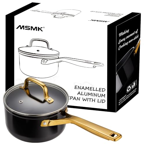 1.5 QT Enamel Black Sauce Pan with Lid, MSMK Designed Enamel Exterior Coating Withstand High Temperature And Fade Resistance, Pfoa Fre, Burnt Also Non Stick, Oven Safe, Dishwasher Safe…