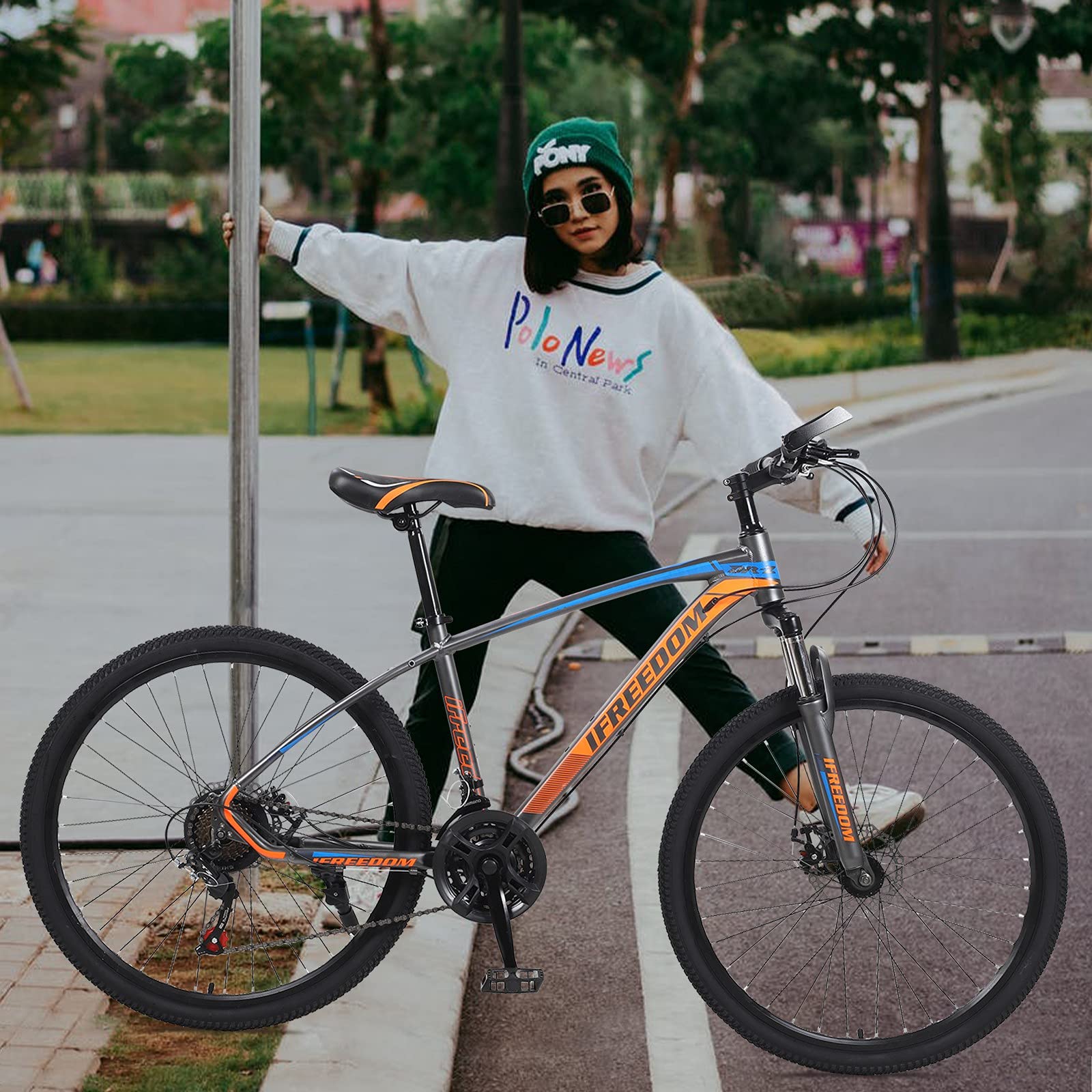 26'' Mountain Bike, 21 Speed Outdoor Snow Beach Bike, Full Suspension Adult Hybrid MTB Racing Bikes for Women Men, Comfort Complete Cruiser Bicycle, Lightweight City Commuter Road Cycling (N)