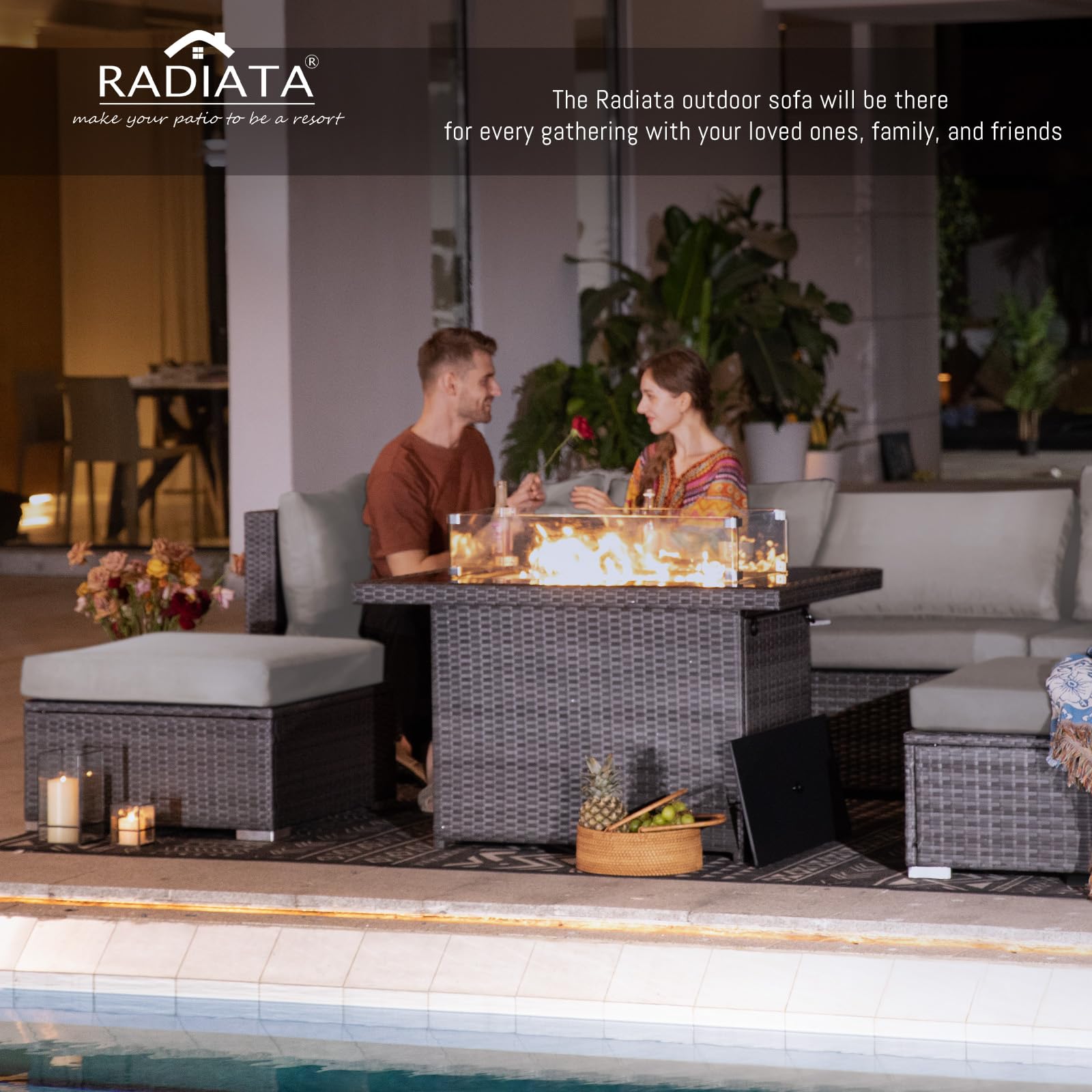 RADIATA PE Wicker Patio Furniture Set Sectional High Back Large Size Sofa Sets with Propane Fire Pit Table 55000 BTU Balcony Rattan Lounge Conversation Sets for Outdoor (7 Pieces,Light Gray)