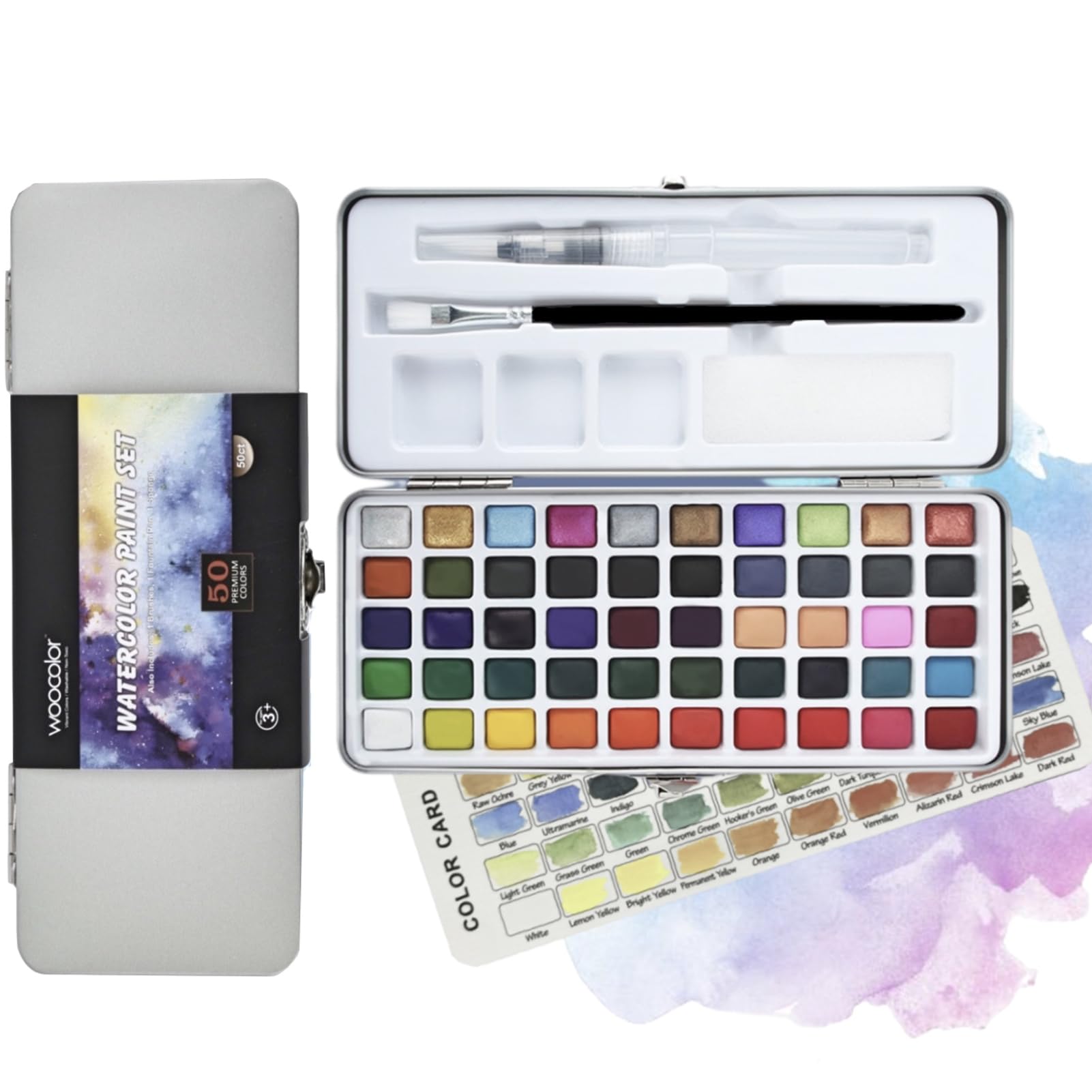 WOOCOLOR Watercolor Paint Set, 50 Colors with Brushes, Watercolor Palette, Sponges, Travel Watercolors Kit for Adults, Kids and Beginners, Art Supplies