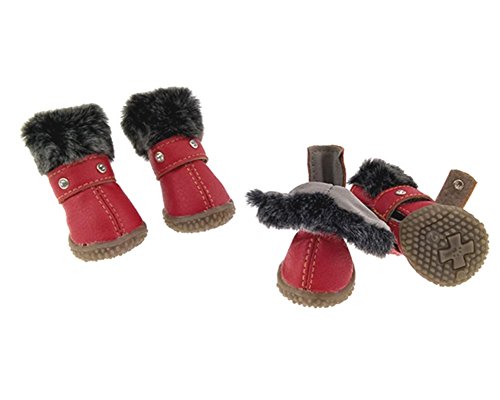 Hdwk&Hped Warm Dog Snow Boots Waterproof PU Small Dog Boots Anti-Slip Pet Shoes Paw Protector for Winter 2 Styles #1-#5 (Rhinestone Style - red, #1)